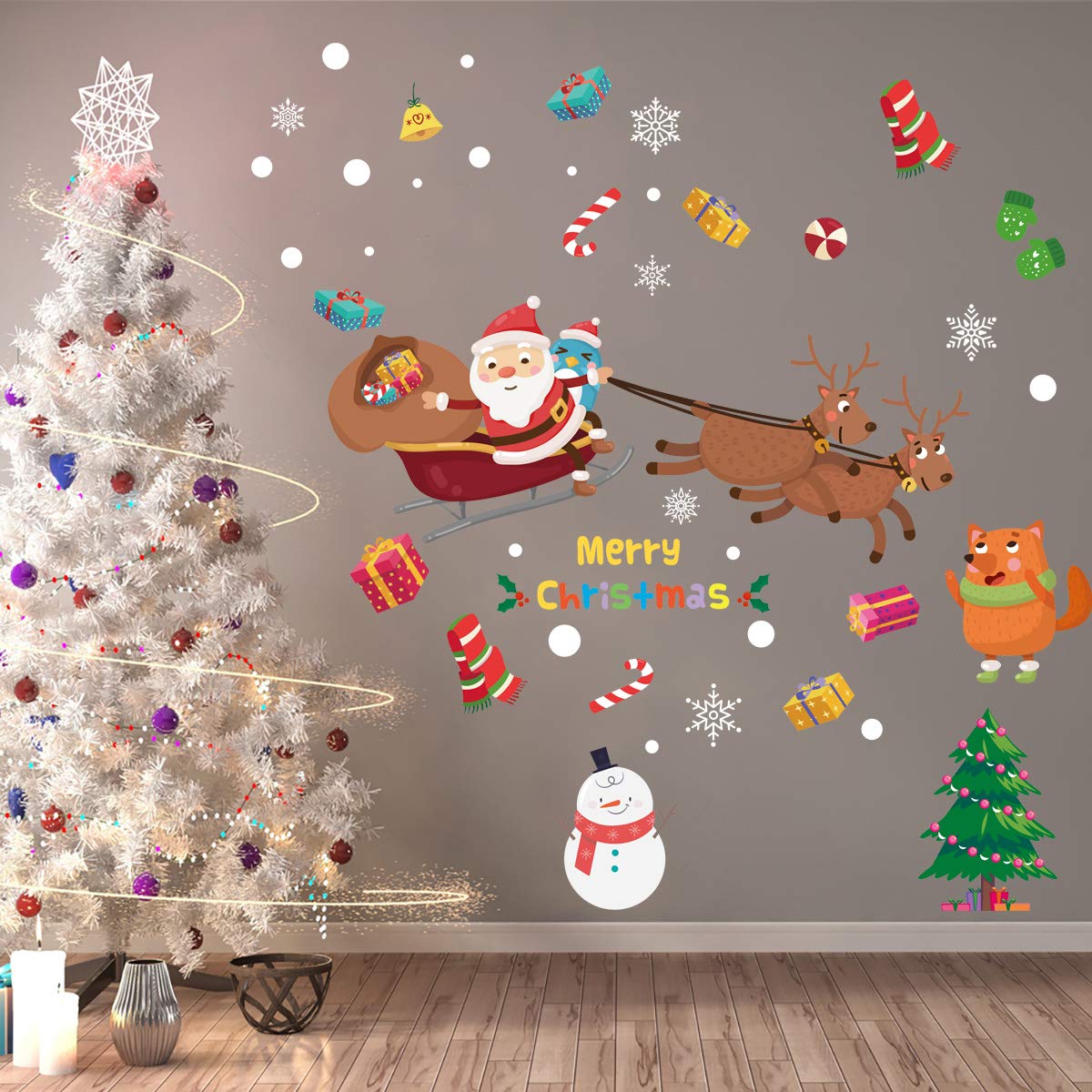 ANBER Christmas Tree Snowman Santa Claus Snowflake Sticker Peel &Stick Decals Removable Vinyl Wall Decals Window Xmas Self-Adhesive Holiday Home Decoration