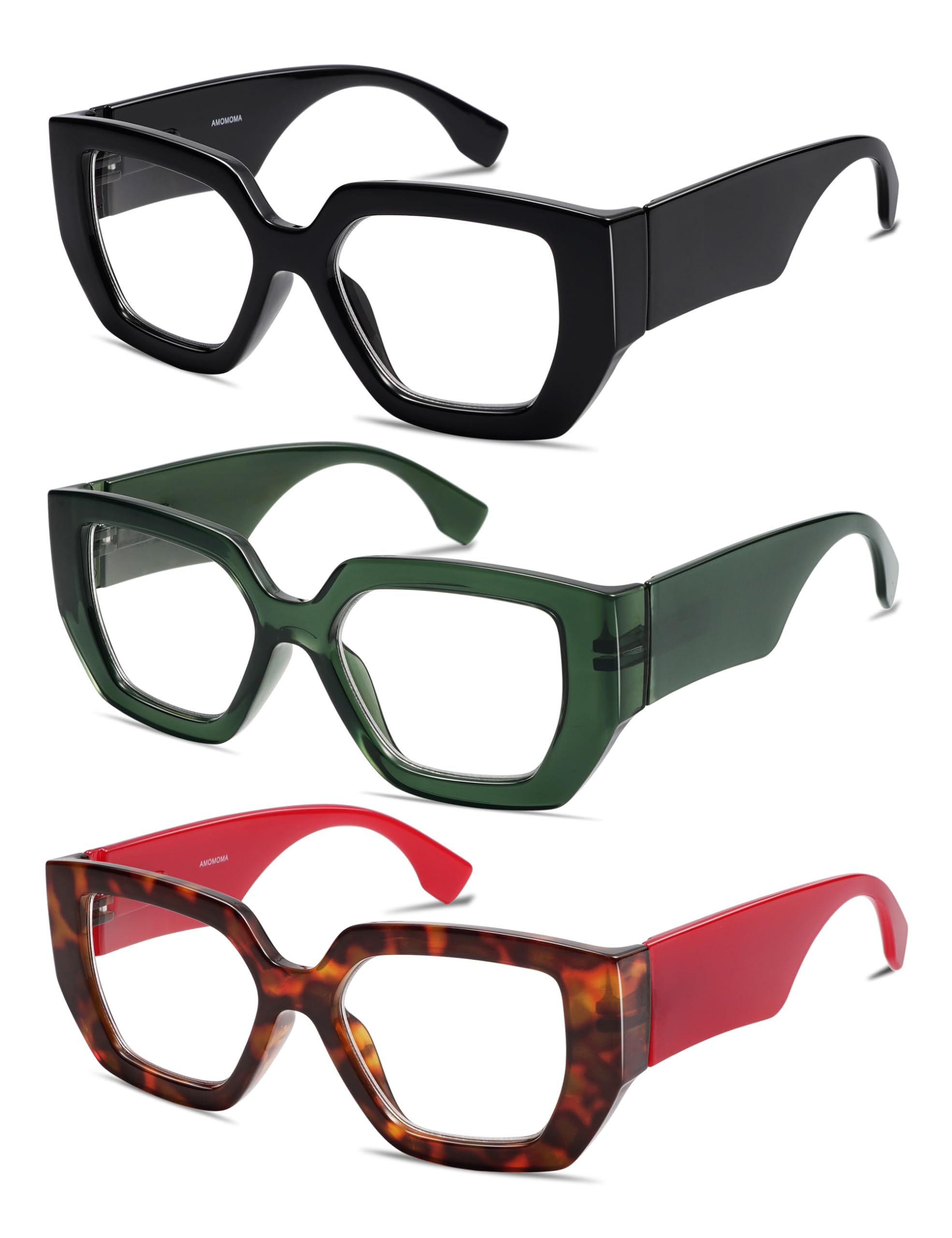 AMOMOMA 3-Pack Oversized Square Reading Glasses for Women,Fashion Trendy Style Blue Light Blocking Eyewear Readers Large Frame with Spring Hinge AM6109 C1+C2+C3 2.0 x