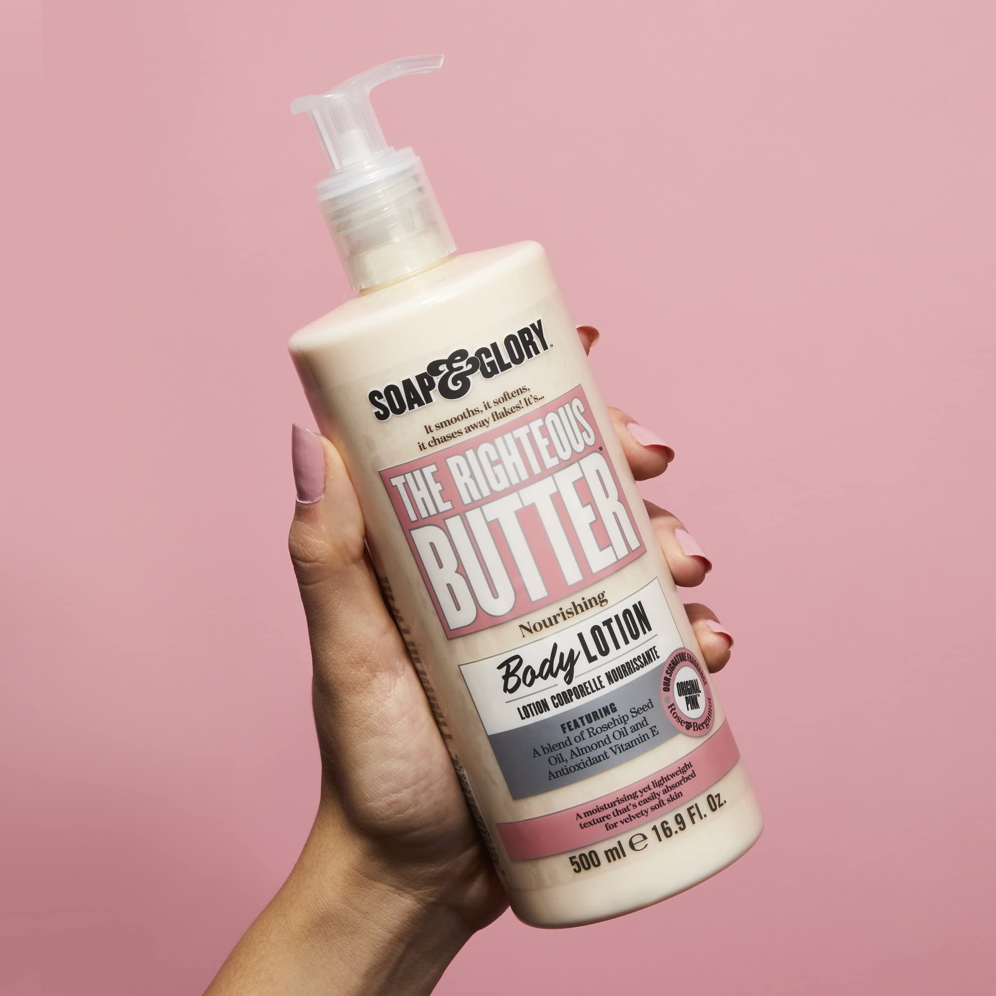 Soap & Glory Original Pink The Righteous Butter Moisturizing Body Lotion Pump - Shea Butter, Vitamin E & Aloe Vera Body Moisturizer - Rose & Bergamot Scented Lotion (500ml)