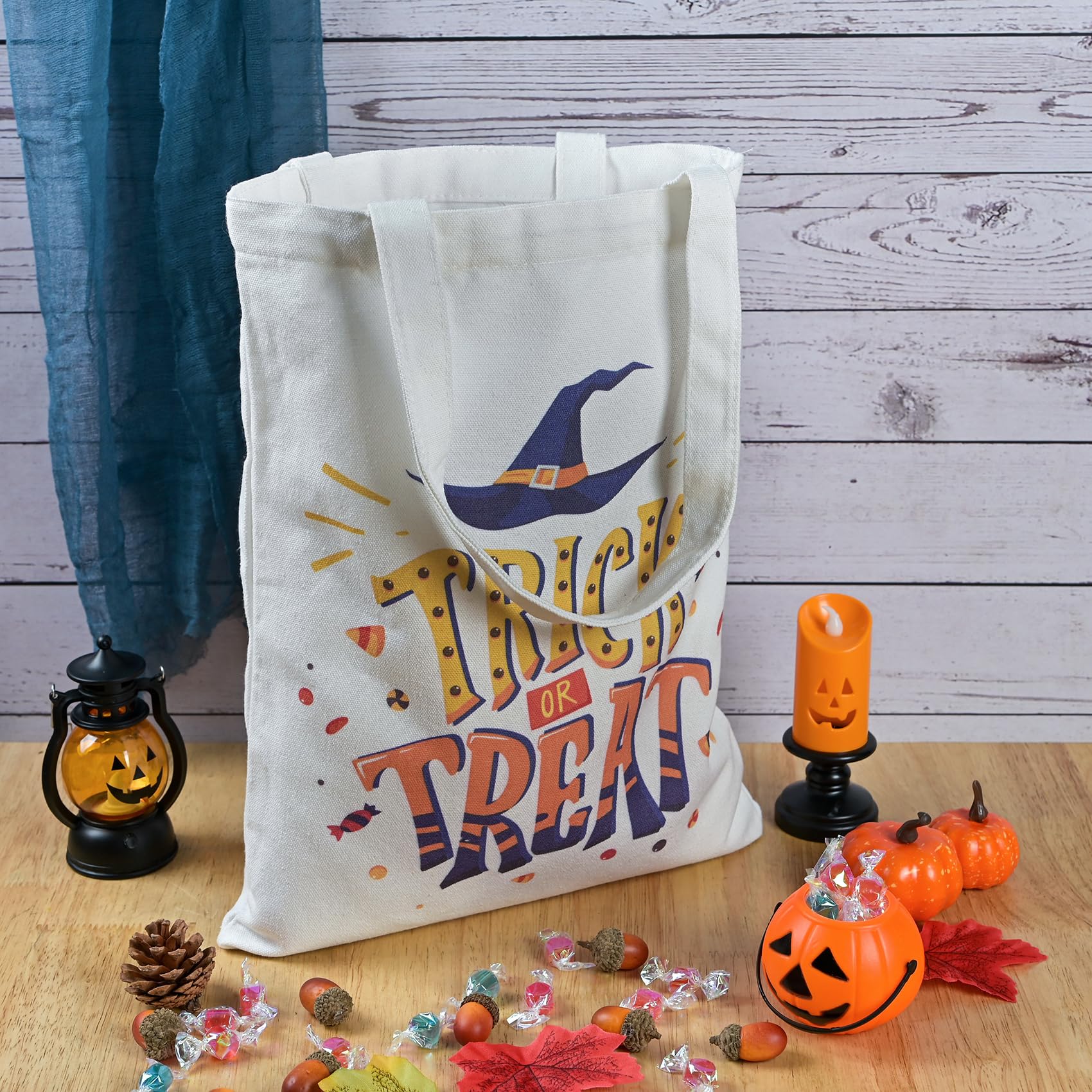 ATFUNSHOP Trick or Treat Bags Halloween Bags 15.7'' Witch Hat Canvas Reusable Large Tote Bucket for Kids