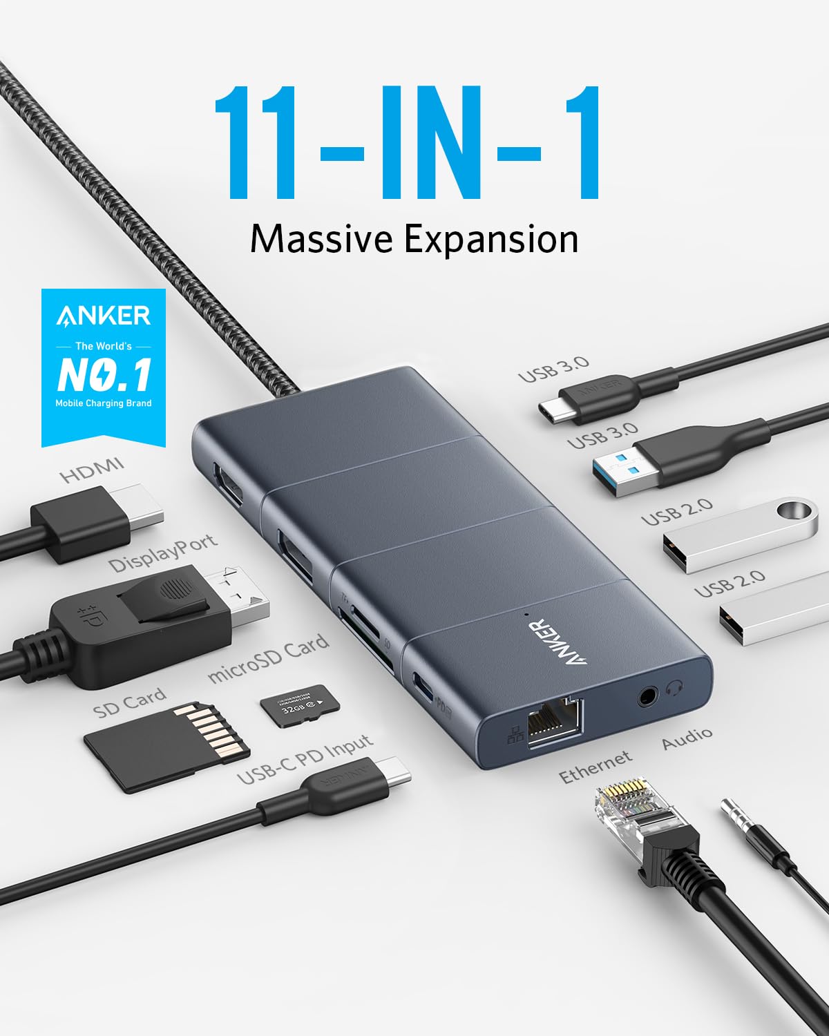 Anker USB C Hub, PowerExpand 11-in-1 Docking Station, with 4K@60Hz HDMI and DP, 100W Power Delivery, USB-C and 3 USB-A Data Ports, 1 Gbps Ethernet, 3.5mm Audio, microSD and SD Card Reader