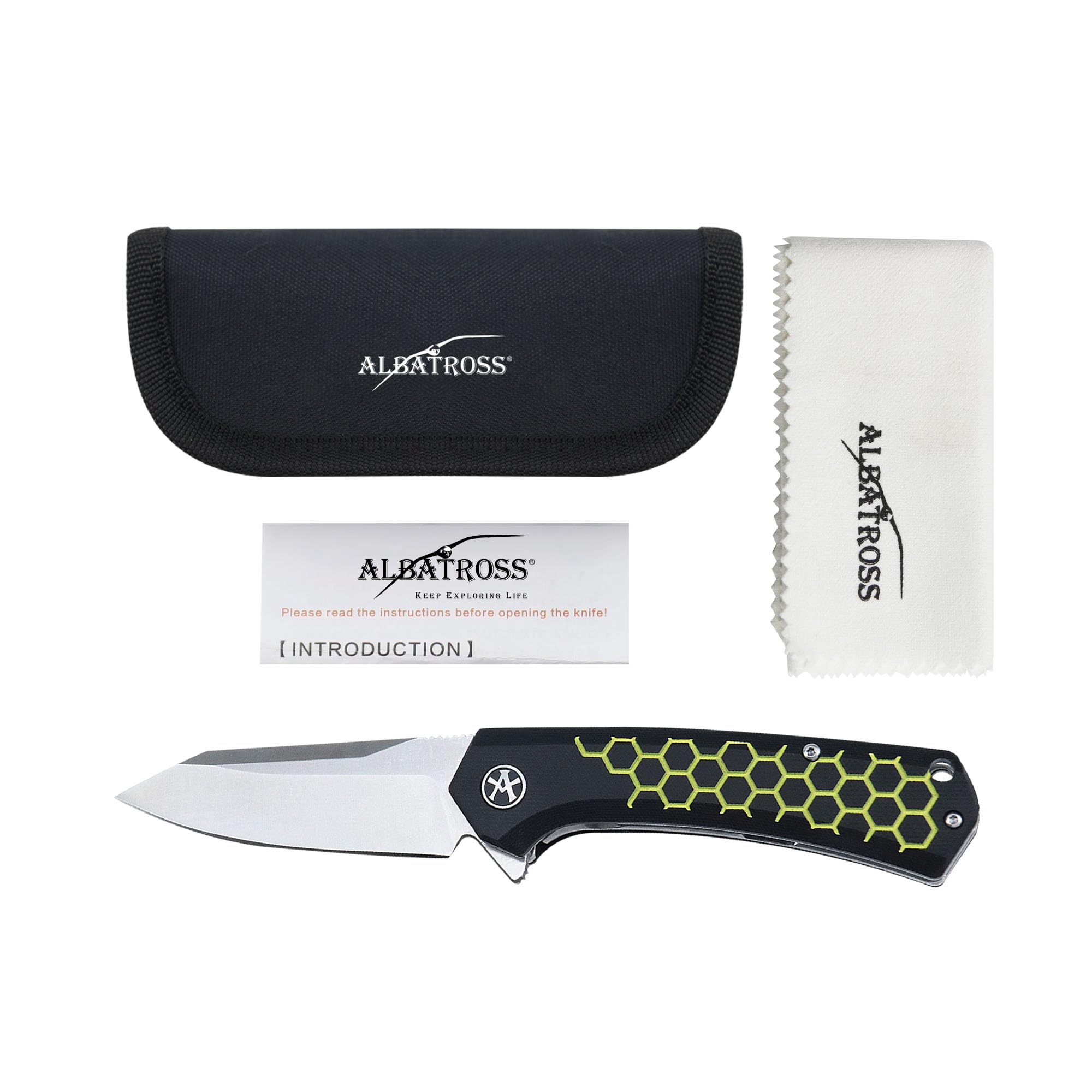 ALBATROSS Pocket Folding Knife, 3" D2 Steel Satin Blade, 4.5" Black G10 Handle with Hexagonal Pattern, Liner Lock, FK055 (Yellow)