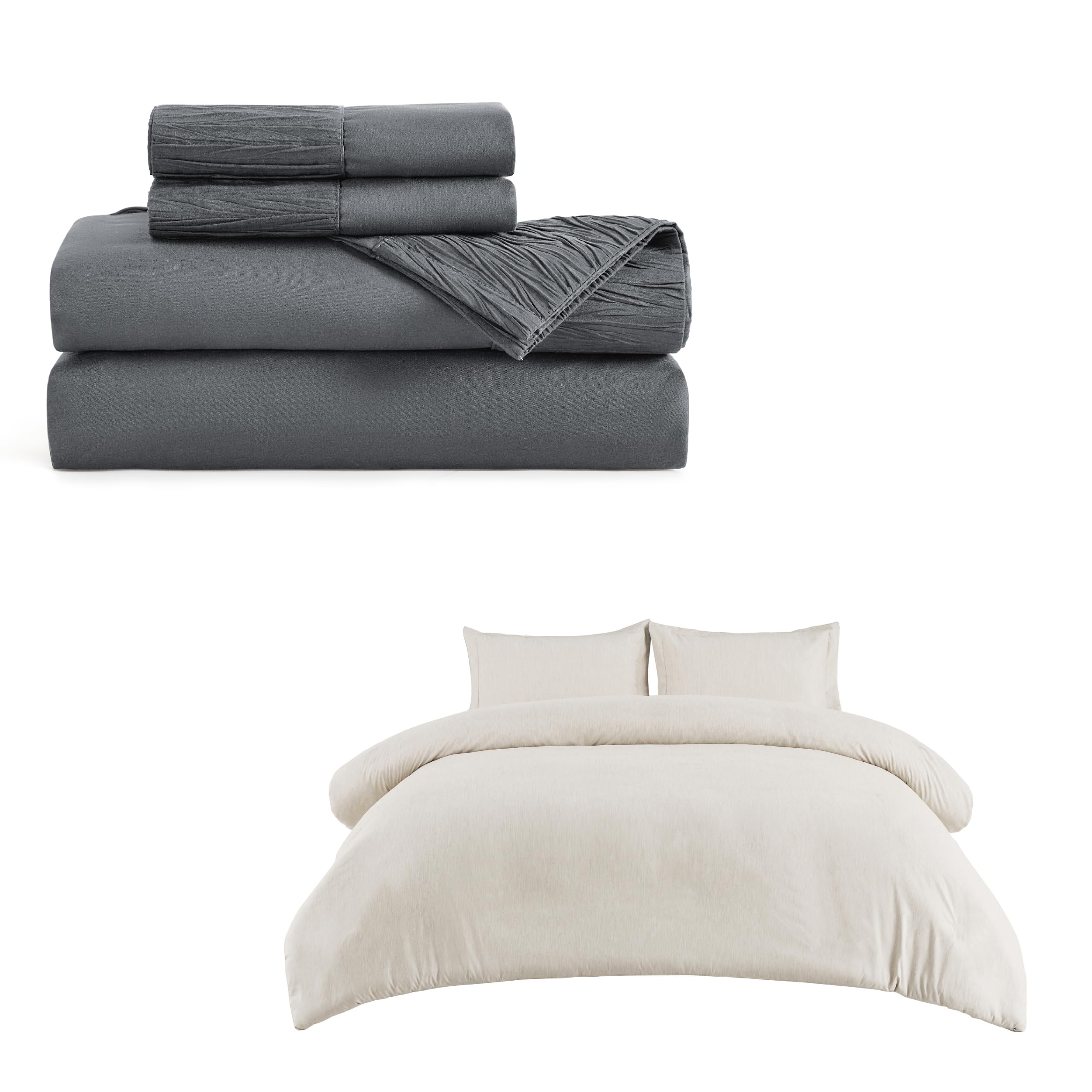 Bedsure Bundle of Ruched Sheet Set and Cationic Dyed Duvet Cover Set, Cal King Size