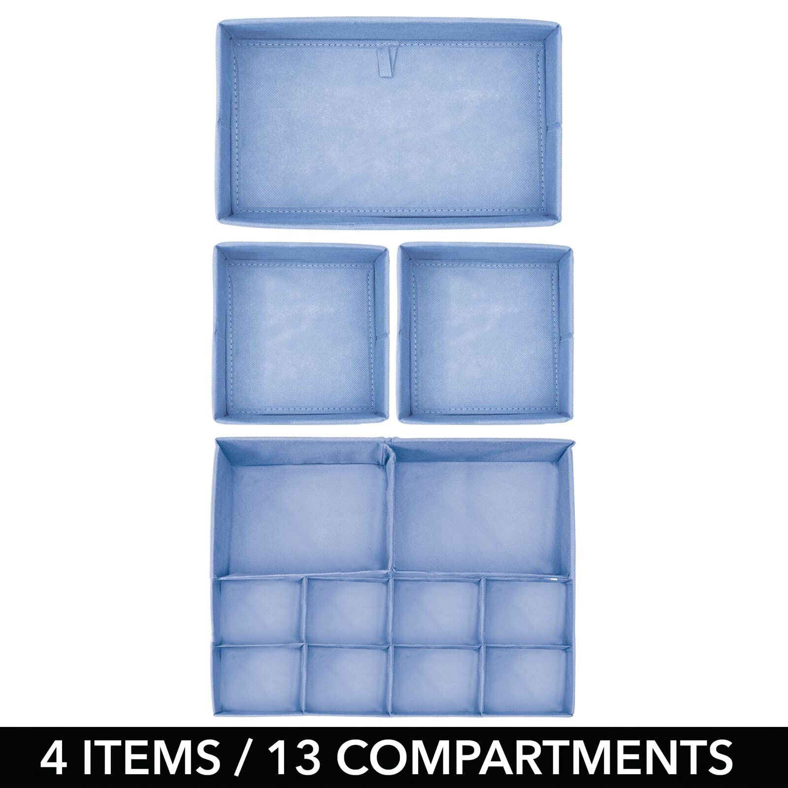 mDesign Fabric 4-Piece Drawer Organizer Bins, Kids/Baby Nursery Dresser, Closet, Shelf, Playroom Organization, Hold Clothes, Toys, Diapers, Bibs, Blankets, Blue Herringbone
