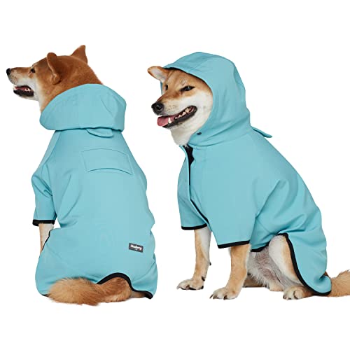 Blueberry Pet 2023 New 14" Waterproof Dog Softshell Jacket, Hooded Raincoat and Windbreaker with Leash & Harness Hole, Blue Turquoise, Outdoor Rain Gear for Dogs