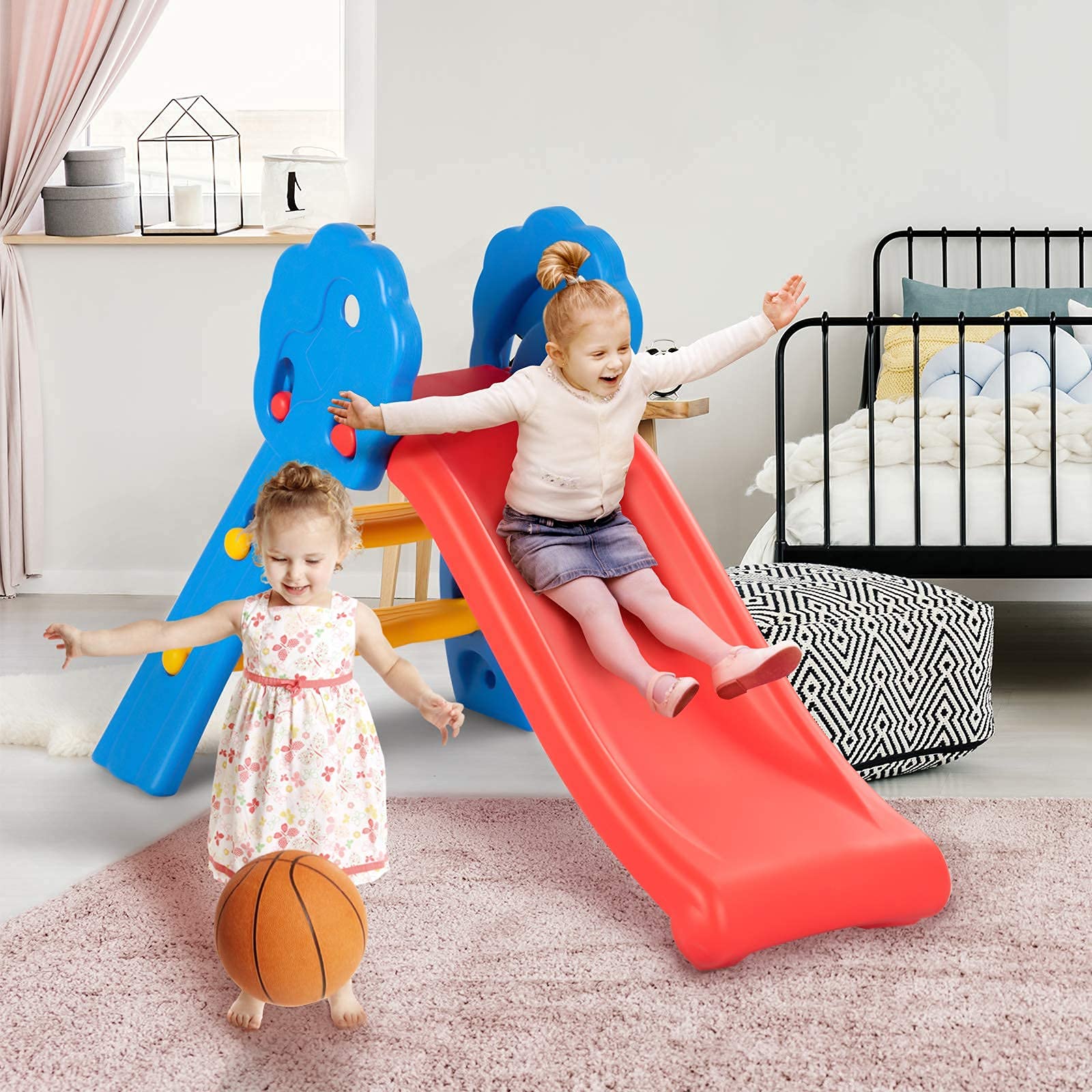 KOTEK Folding Toddler Slide for Indoor and Outdoor, Freestanding Baby Play Climber Slide Set, 2 Steps Climber, Easy Storage, Playground Toy for Children Kids