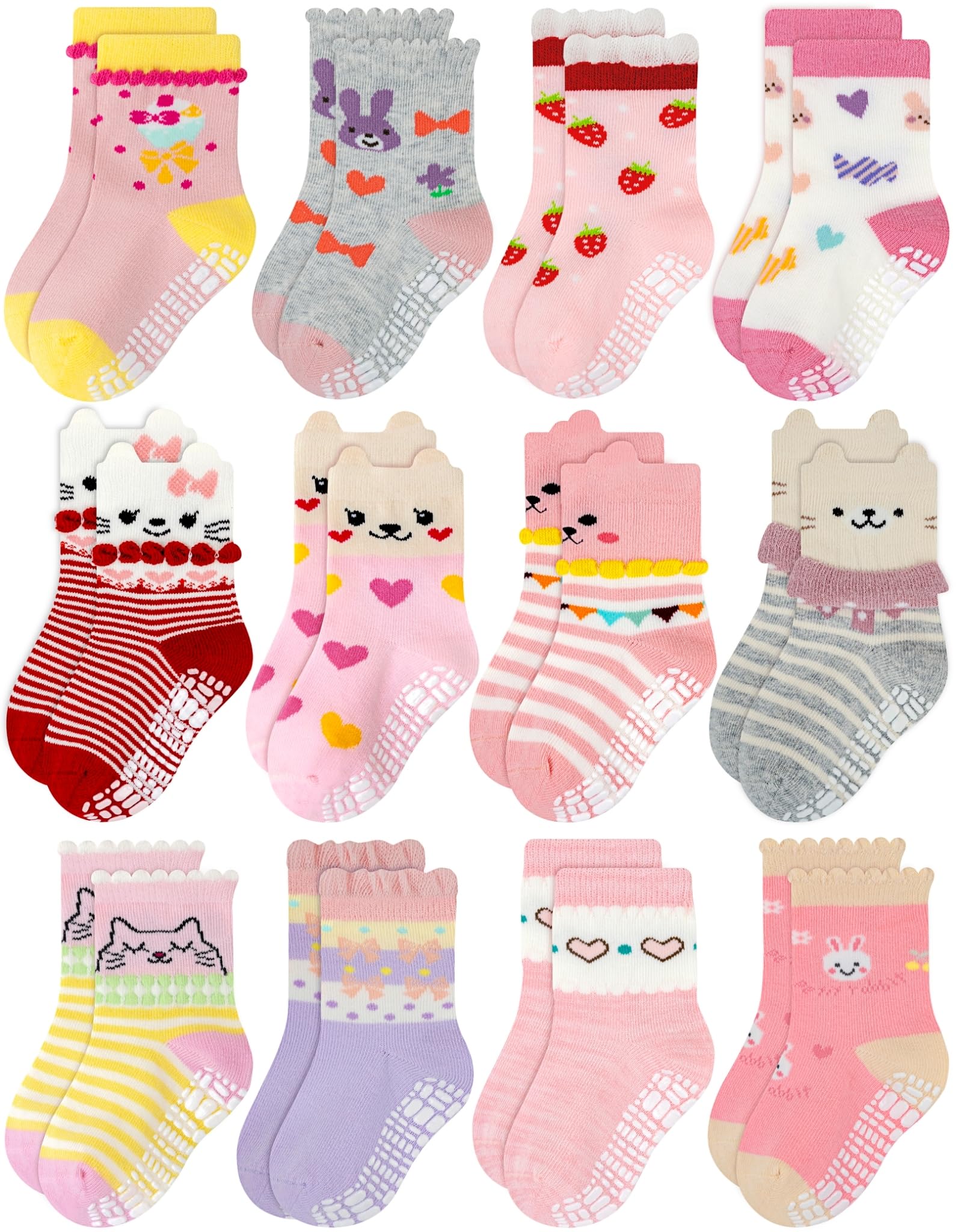 RATIVE Non Skid Anti Slip Cotton Dress Crew Socks with Grips for Baby Infant Toddler Kids Girls (3-5T, RG-820821)