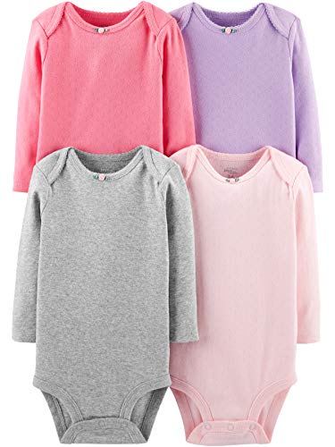 Simple Joys by Carter's Baby Girls' 4-Pack Long-Sleeve Textured Bodysuits, Pink/Purple/Grey, 24 Months