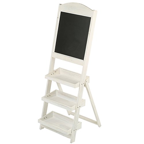MyGift Vintage White Wood Sidewalk A Frame Chalkboard Sign Stand with 3 Display Shelves