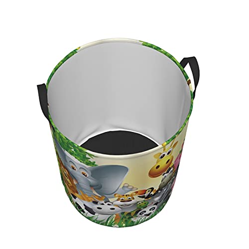 Laundry Basket,Animals In Jungle Elephant Giraffe Panda Bear Pig Lion Hippo Animation Cartoon Art,Large Canvas Fabric Lightweight Storage Basket/Toy Organizer/Dirty Clothes Collapsible Waterproof For College Dorms-Large