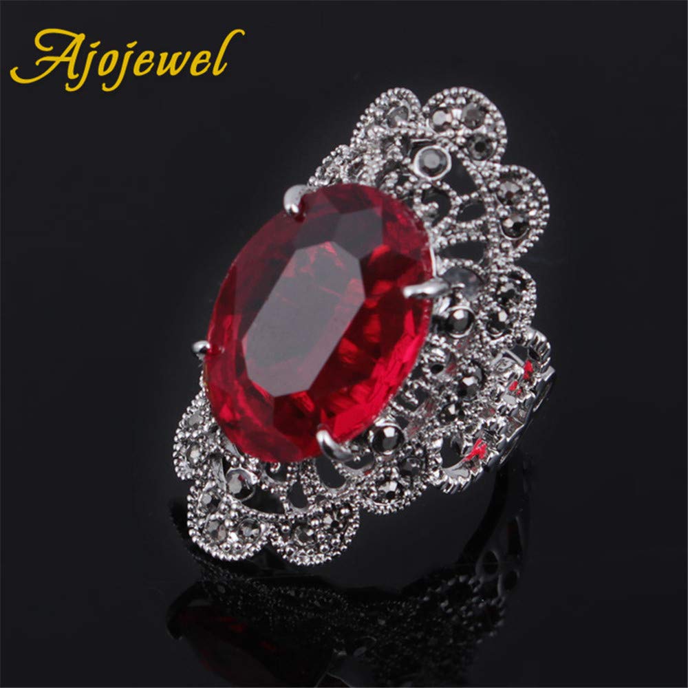Ajojewel Big Oval Crystal Red Rings For Women Hollow Out Flower Design Finger Jewelry Vintage Anel (Red, 9)