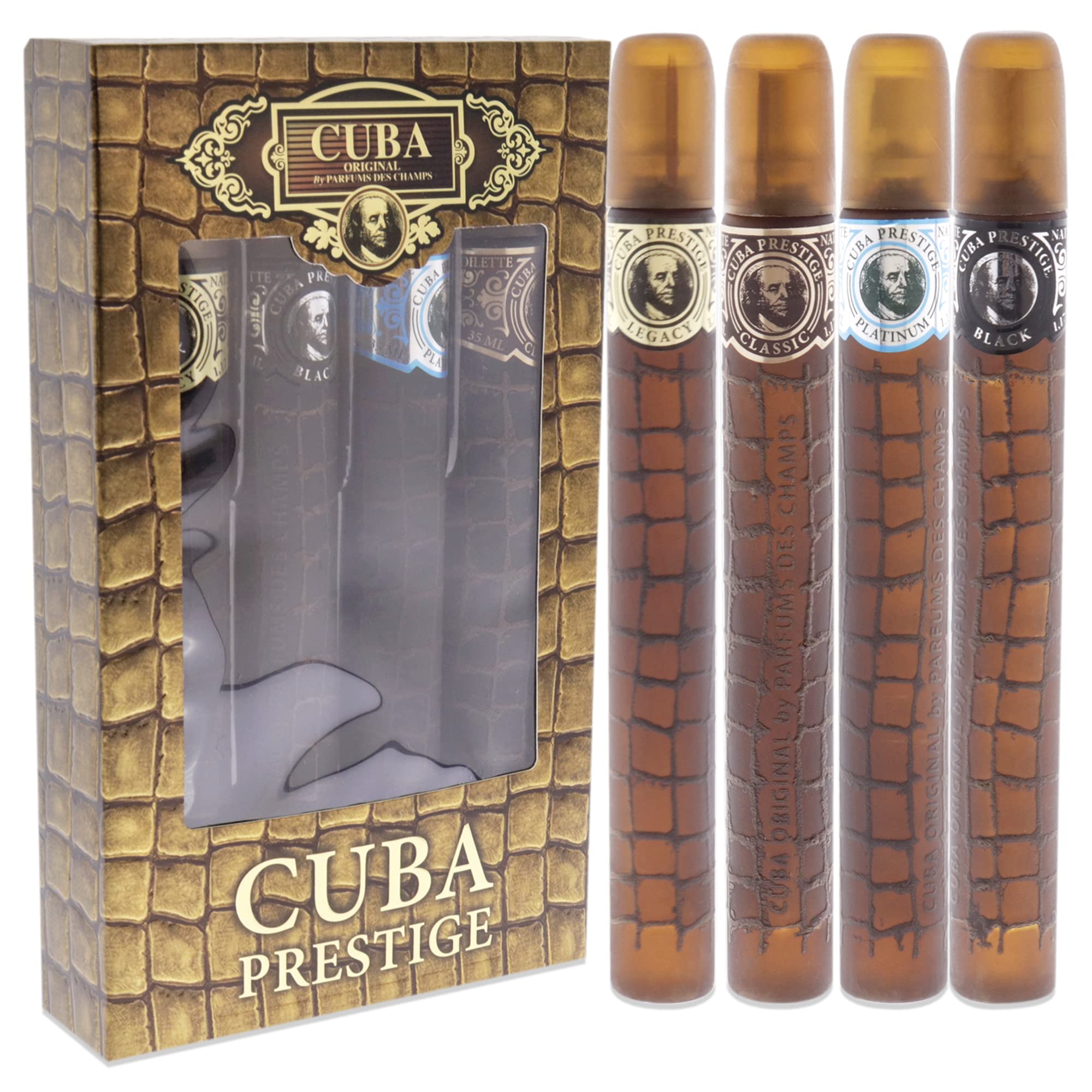 Cuba Prestige Men 1.17oz Classic EDT Spray, 1.17oz Black EDT Spray, 1.17oz Platinum EDT Spray, 1.17oz Legacy EDT Spray 4 Pc Gift Set, (amgcubp4)