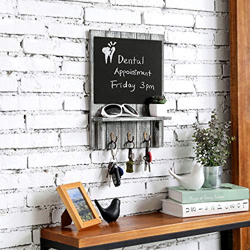 MyGift Wall Mounted Rustic Gray Wood Entryway Key Holder Organizer Rack with Chalkboard, Storage Display Shelf and 3 Hooks