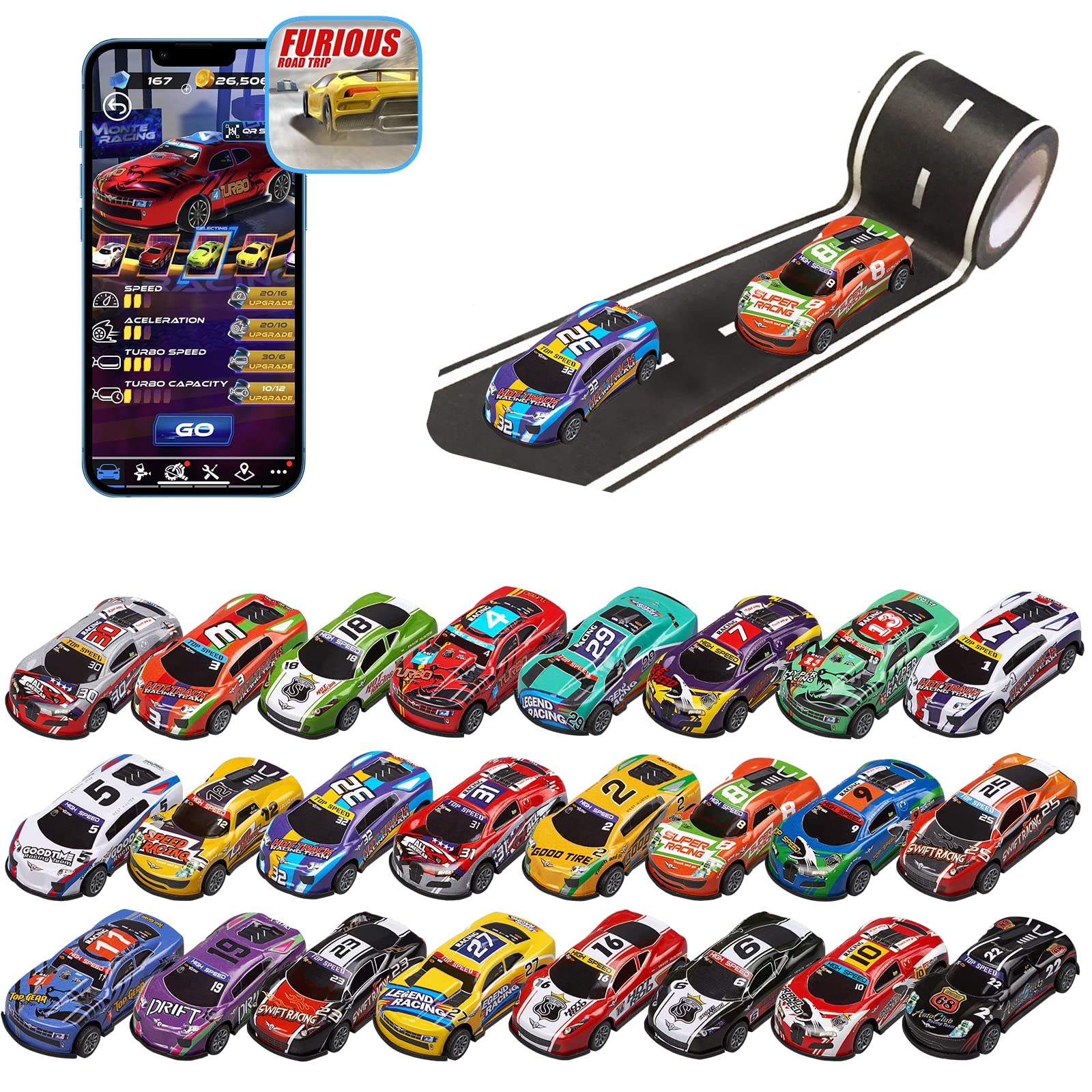 Golden Wheel 24 Race Cars Pack - 1:64 Vehicles Die-cast Metal Mini Pull Back Cars Set with 1 Black Road & Free Online Games - 2022 Hot Toy Birthday Party Gift for Kids Ages 3+ Years Old