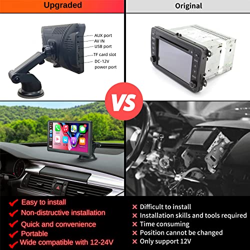 Cartreque Portable Wireless Car Stereo, Compatible with Apple CarPlay and Android Auto, 7 Inch Full HD Touchscreen, Backup View Camera, Handsfree, Mirror Link, Fm, Voice Controll, TF/USB/AUX