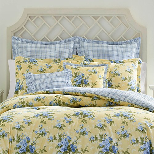 Laura Ashley - King Comforter Set, Cotton Reversible Bedding, Includes Matching Shams with Bonus Euro Shams & Throw Pillows (Cassidy Yellow, King)
