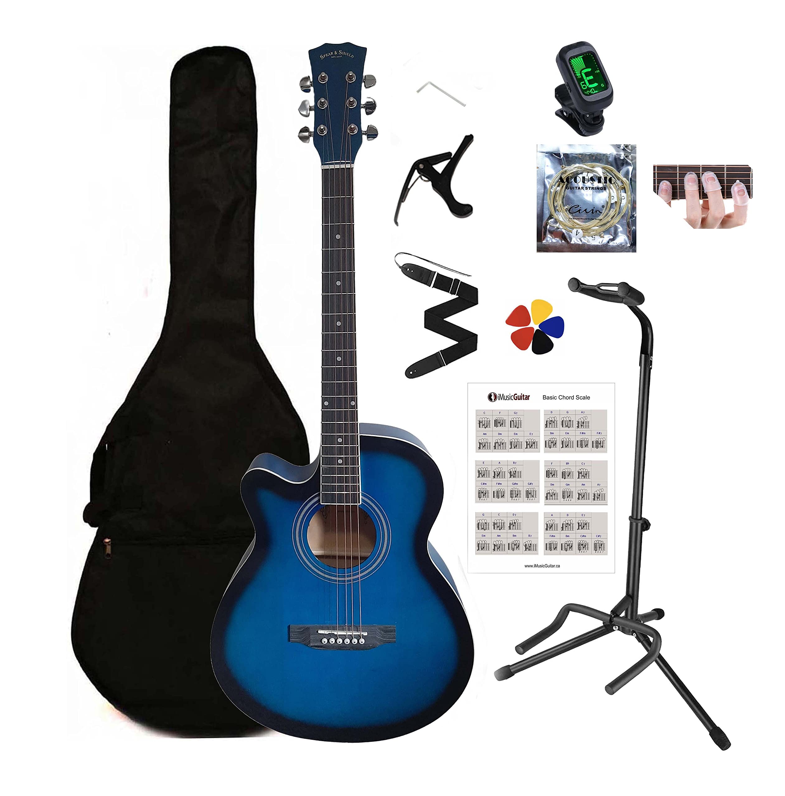 Acoustic Guitar for Beginners Adults Students 40 inch Right Left handed with Gig bag Guitar stand eTuner Strap Capo String set 5 picks Fingertip Protector and Basic Chord Scale (Blue-Left handed)