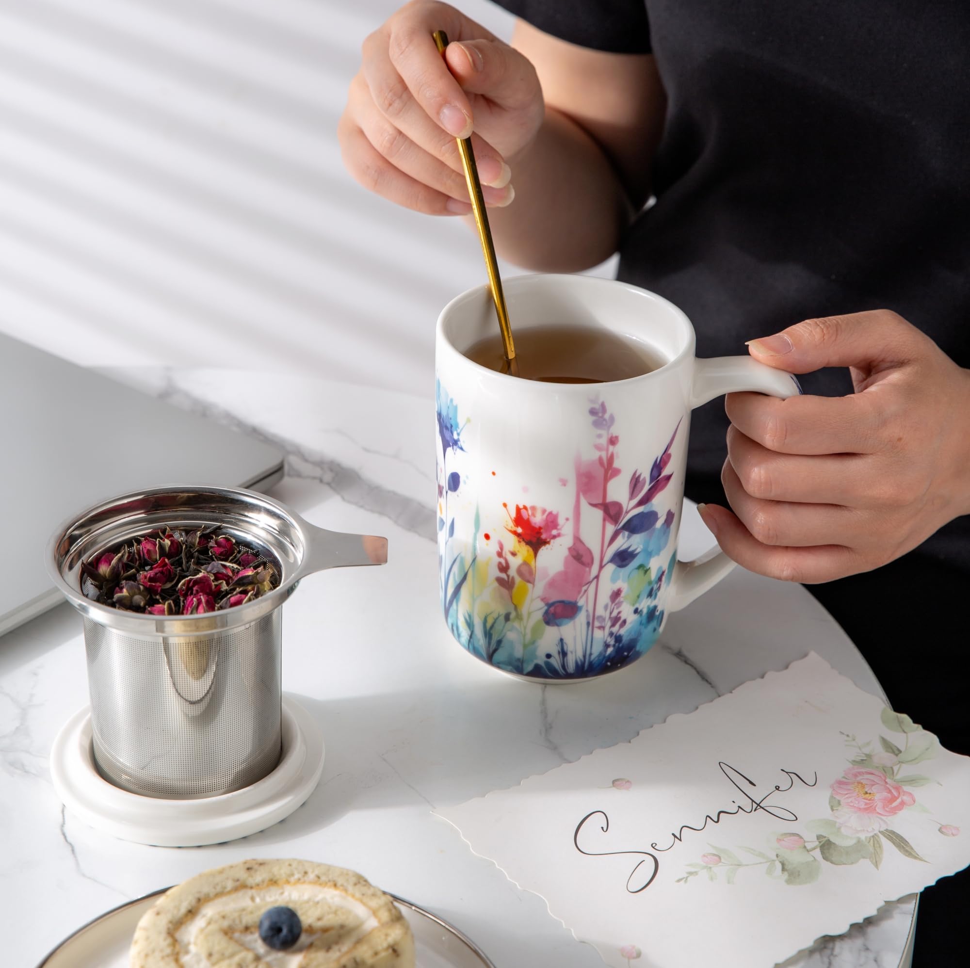 AmorArc Porcelain Tea Mug with Infuser and Lids, 18 Oz Tea Cup Strainer with Tea Bag Holder for Loose Leaf Tea, Tea Steeping Coffee Mug for House-warming Wedding Birthday Gift