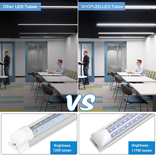 SHOPLED 8FT LED Shop Light Fixture, 90W 11700LM 6000K Cool White, D Shape, High Output, Clear Cover, T8 Linkable 8 Foot LED Tube Light for Garage with Plug, Warehouse, Workshop, 4 Pack