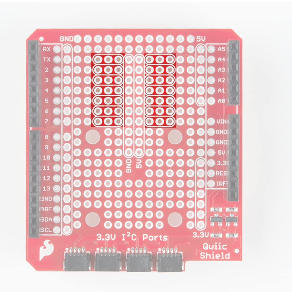 SparkFun Qwiic Shield Compatible with Arduino-Simple to incorporate Qwiic connect system w/ R3 footprint system I2C 4 mounting ports 3-by-1 power rails & ground buses Converts 5V-3.3V Soldering Needed