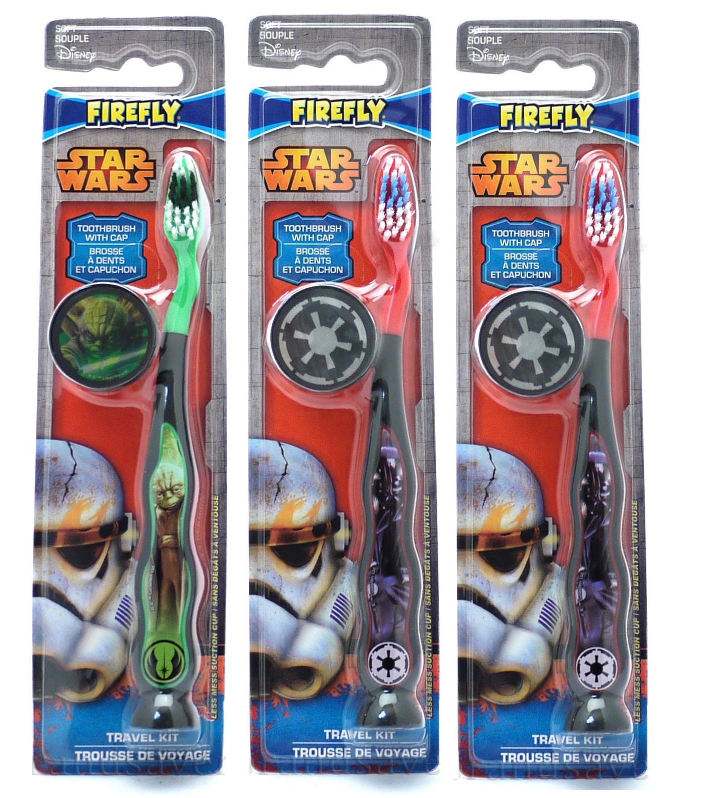 Star Wars Children's Tooth Brush (Pack of 3) with Cap and Suction - Toothbrush Designs Vary - Premium Quality