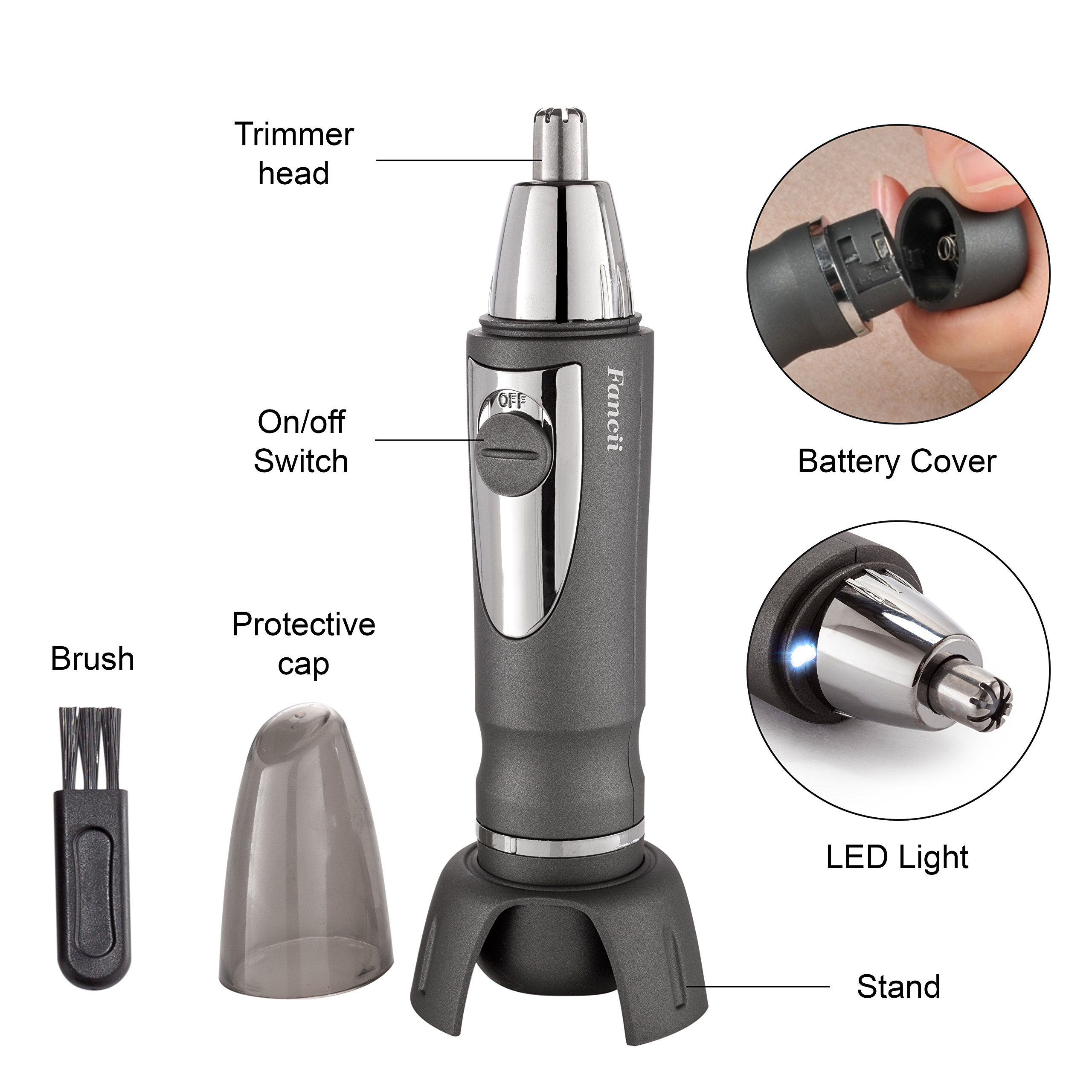 Fancii Professional Nose & Ear Hair Trimmer with LED Light, Water Resistant, Stainless Steel Blades, and Battery Power