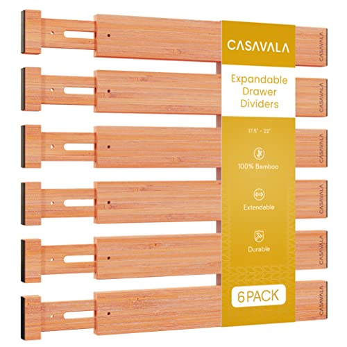 Casavala Expandable Drawer Organizer (6 Pack) Expandable Bamboo Drawer Dividers for Kitchen, Bathroom, Dressers, Home & Office, Bamboo Drawer Dividers Set of 6