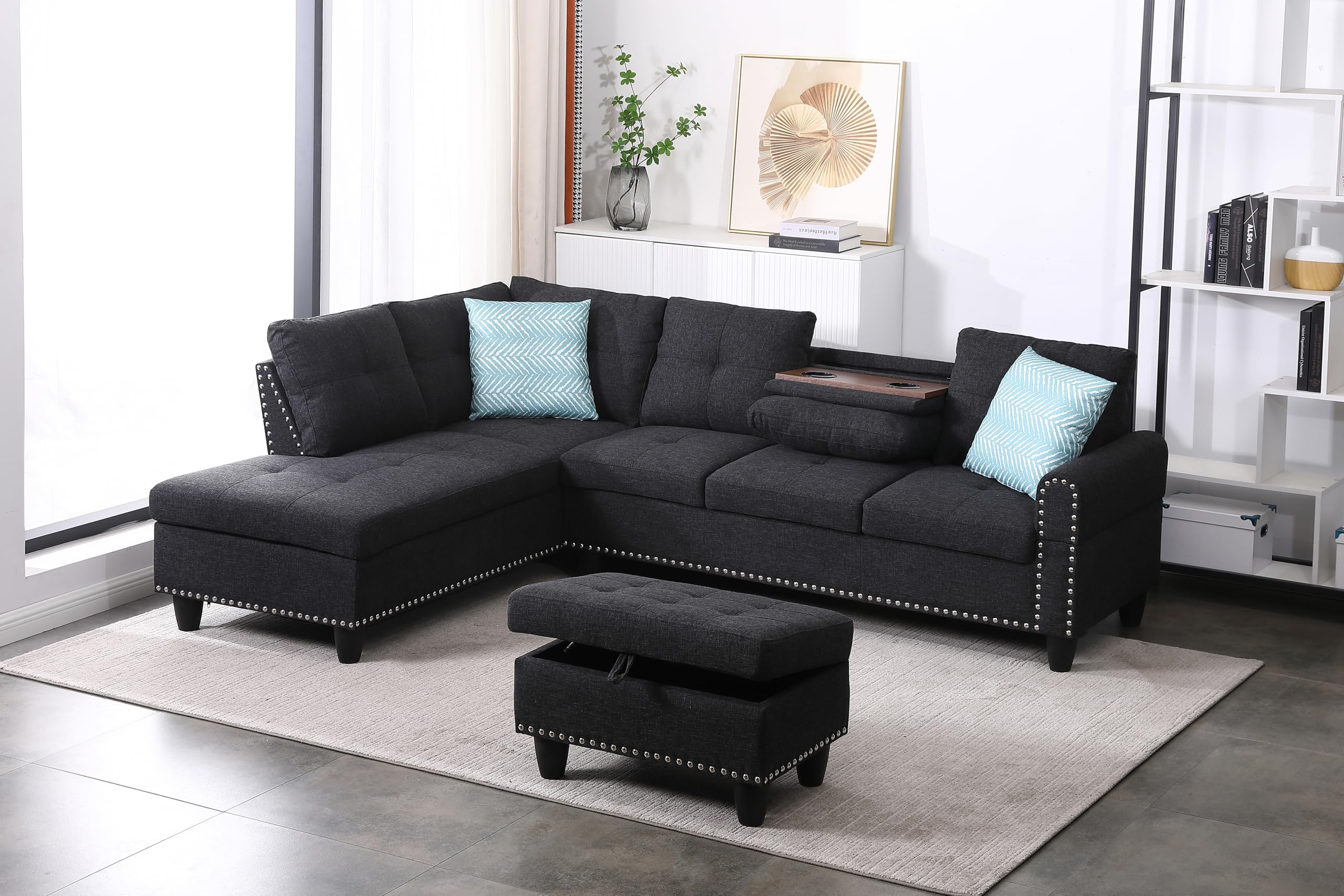 98" L Shape Sectional Sofa,4 Seat Sofa Couch Wide Left Hand Facing Sofa & Chaise with Ottoman