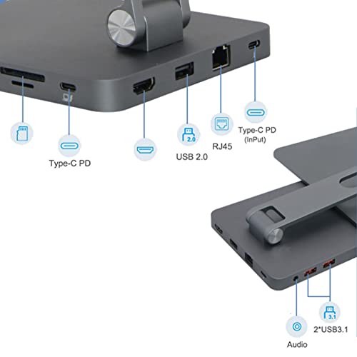 Asixxsix 10 in 1 USB C Hub, Portable Stand Hub with 100W PD Charging, 2 USB A 10Gbps, USB 3.1 Ports, 4K HDMI, 3.5mm Jack and 1000Mbps RJ45 Plug and Play USB C Docking Station for Tablet