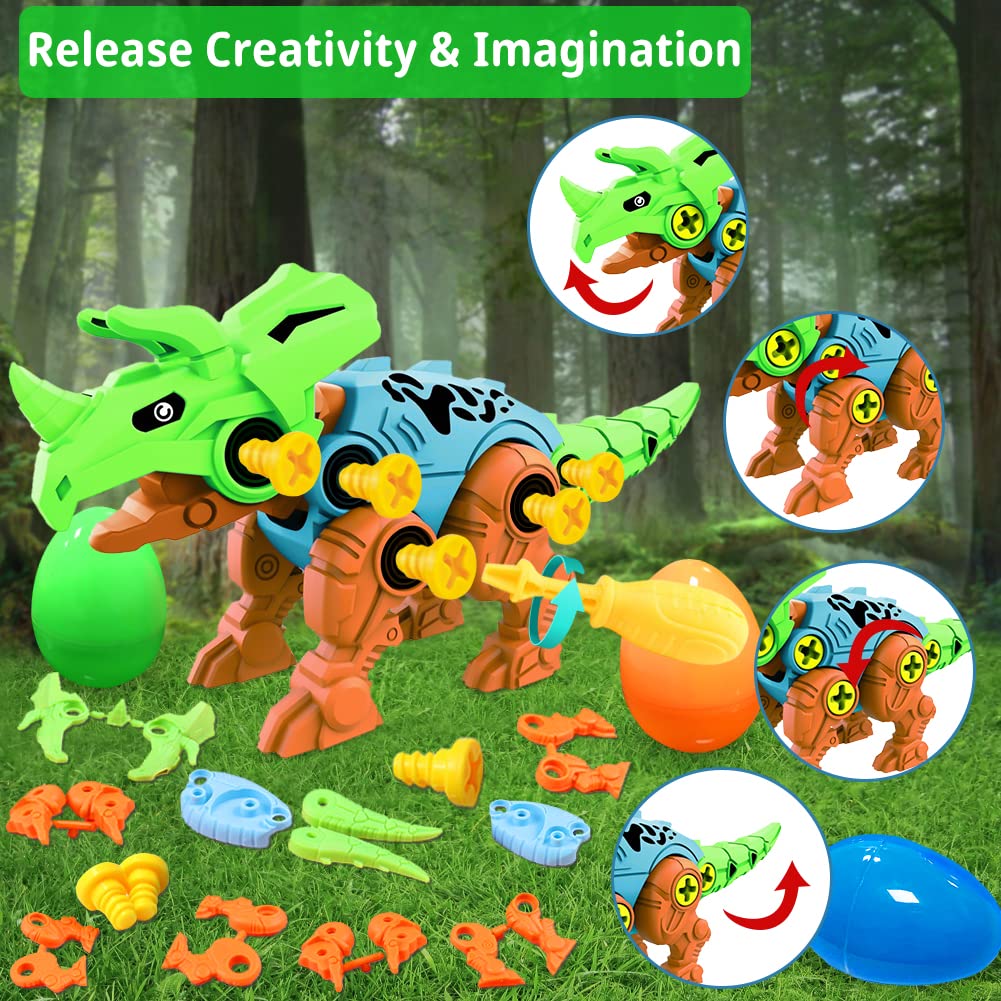 Easter Eggs Filled with Dinosaur Toys for Kids Boys Girls, 9 Pack Easter Basket Stuffers Fillers Prefilled with 4 PCS Take Apart Building Dino Toys 3 PCS Pull Back Cars 12PCS Mini Dino