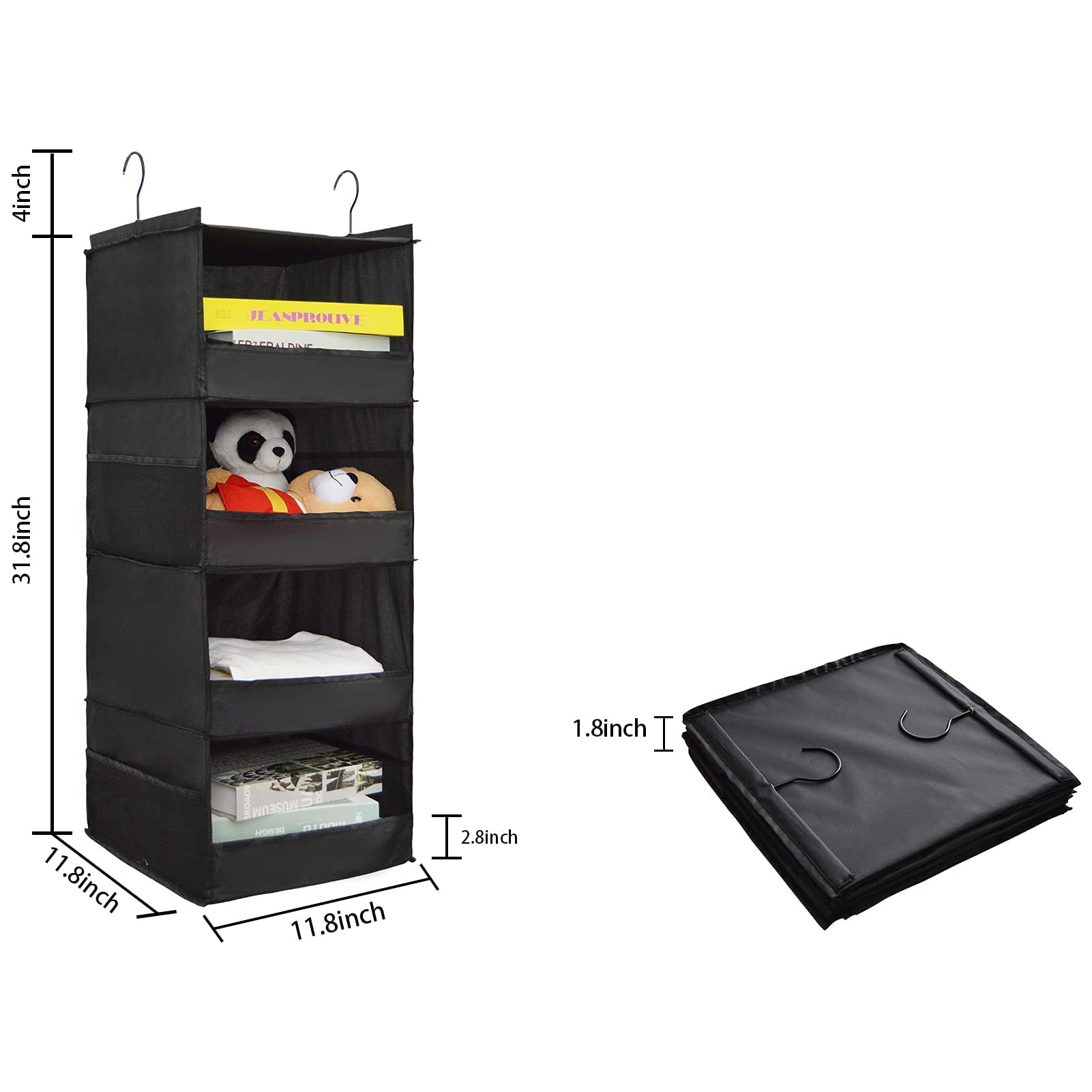 DonYeco 4-Shelf Hanging Closet Organizers and Storage, Collapsible Closet Storage Organizer with 4 Side-Pockets, for RV Wardrobe Camp, Hanging Organizer for Shoes Toys Baby Clothes