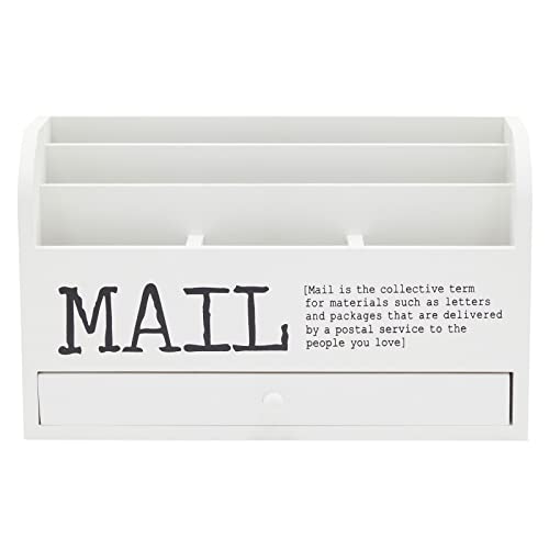 Juvale White Mail Organizer for Desktop, Wooden Mail Sorter Storage Box for Countertop, Home Office, Farmhouse-Style 3-Tier Holder with Drawer for Files, Bills and Letters (11 In)