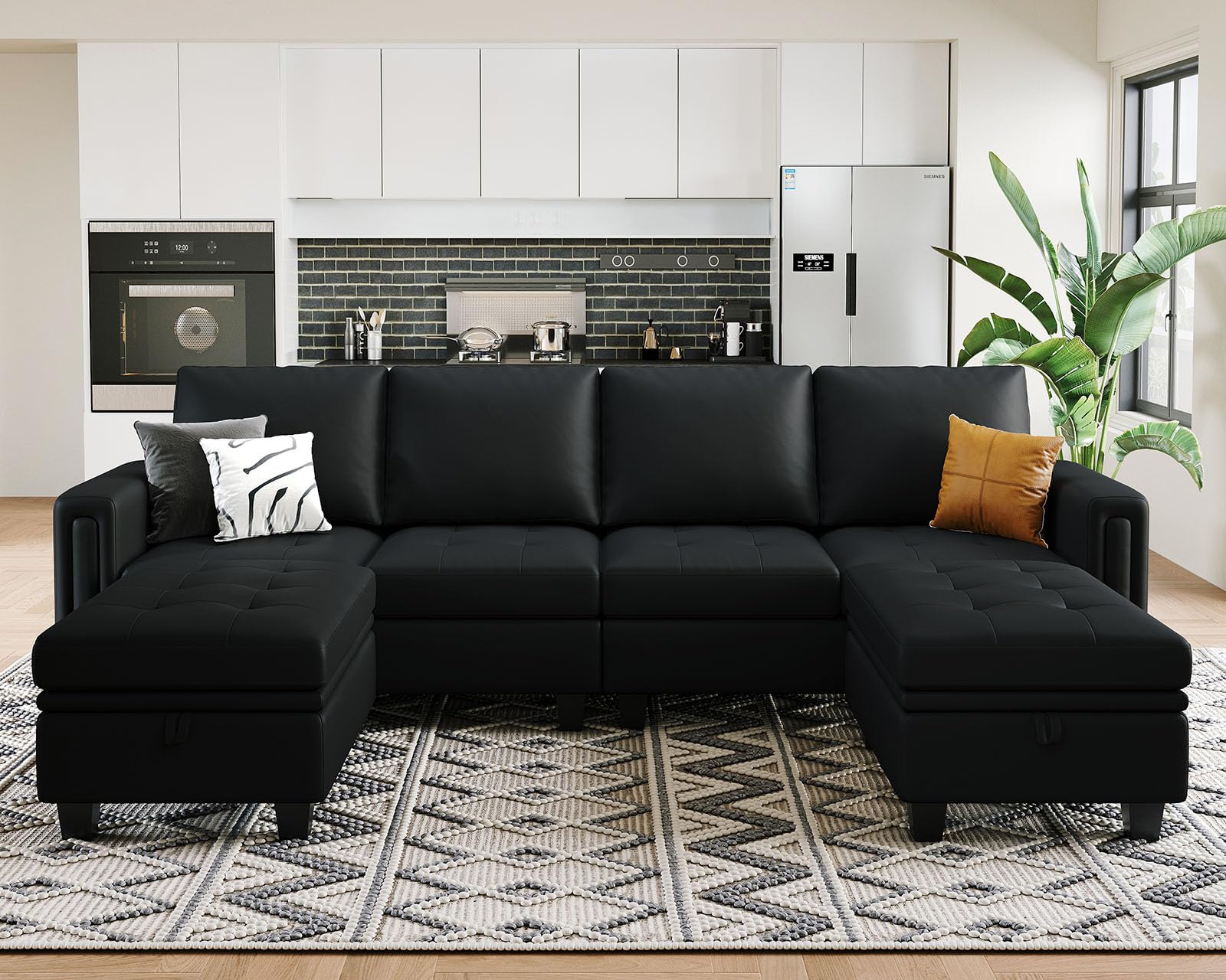 Belffin Faux Leather U Shaped Sectional Sofa Couch with Storage Ottoman Leather Convertibel Sectional Sofa with Reversible Chaises Black
