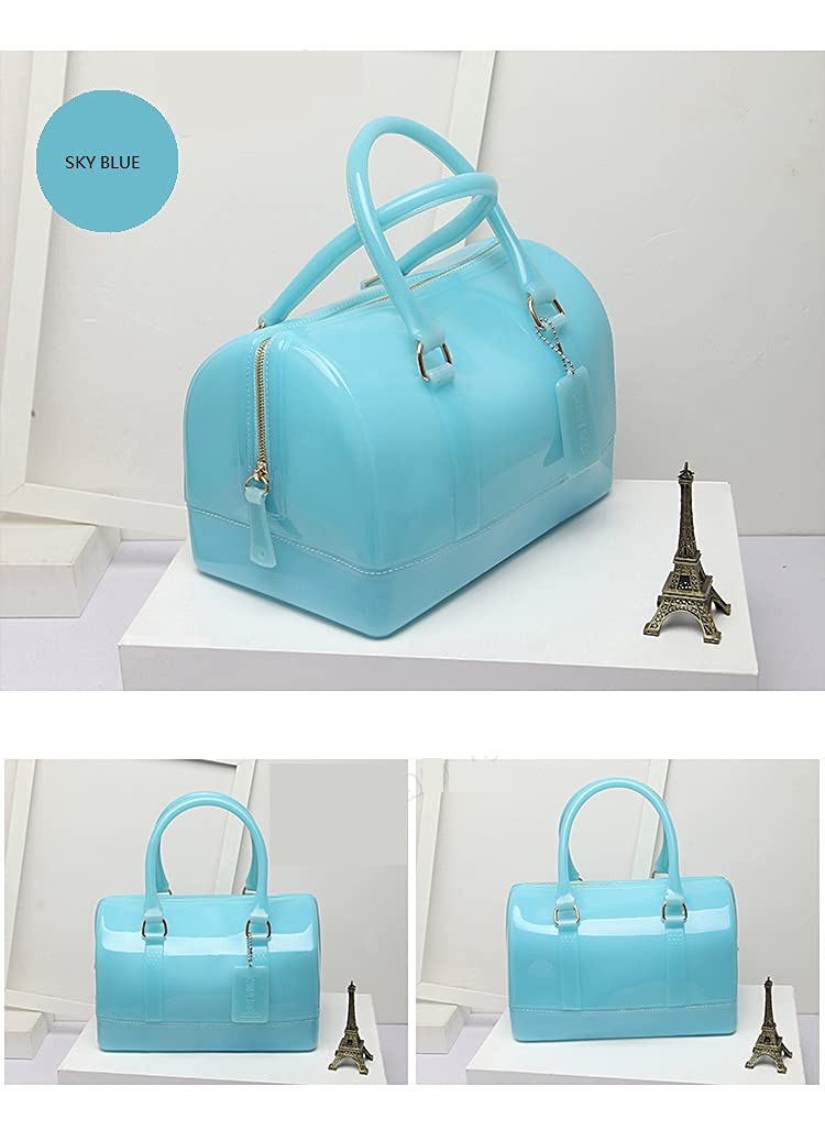 ETALOO Ladies Summer Jelly Pillow-shaped Top Handle Handbag Candy Color Transparent Crystal Purse (Sky Blue)