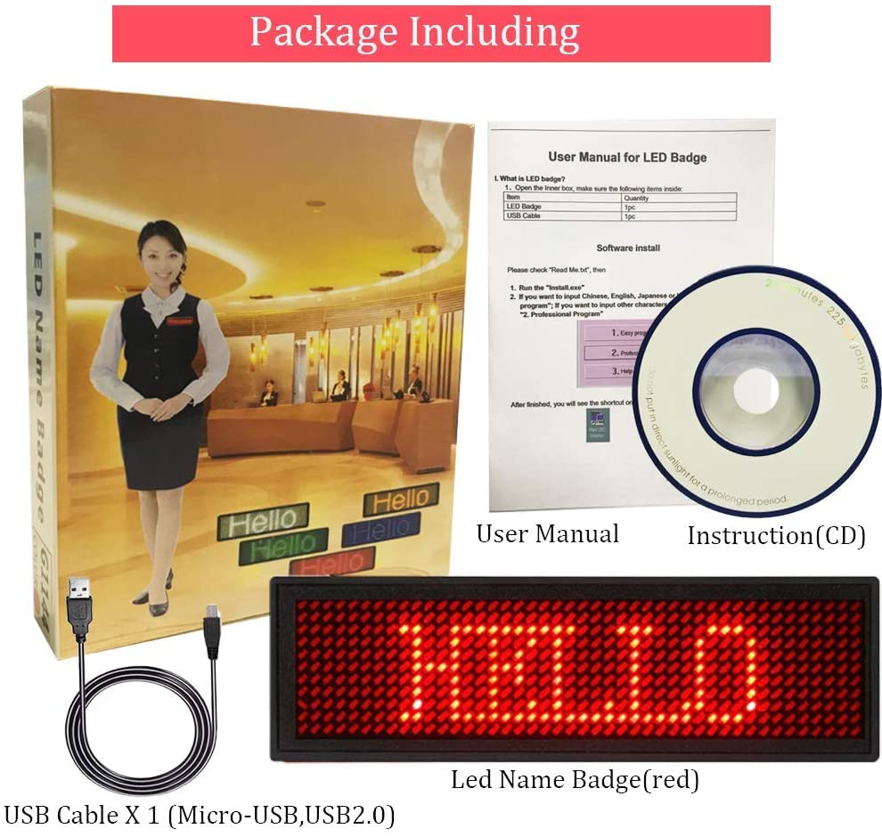 LED Name Badge for Business, USB Programming Digital Display 44 x 11 Pixels Use Rechargeable LED Card Screen for Bar Hotel Party Supermarket School and Restaurant