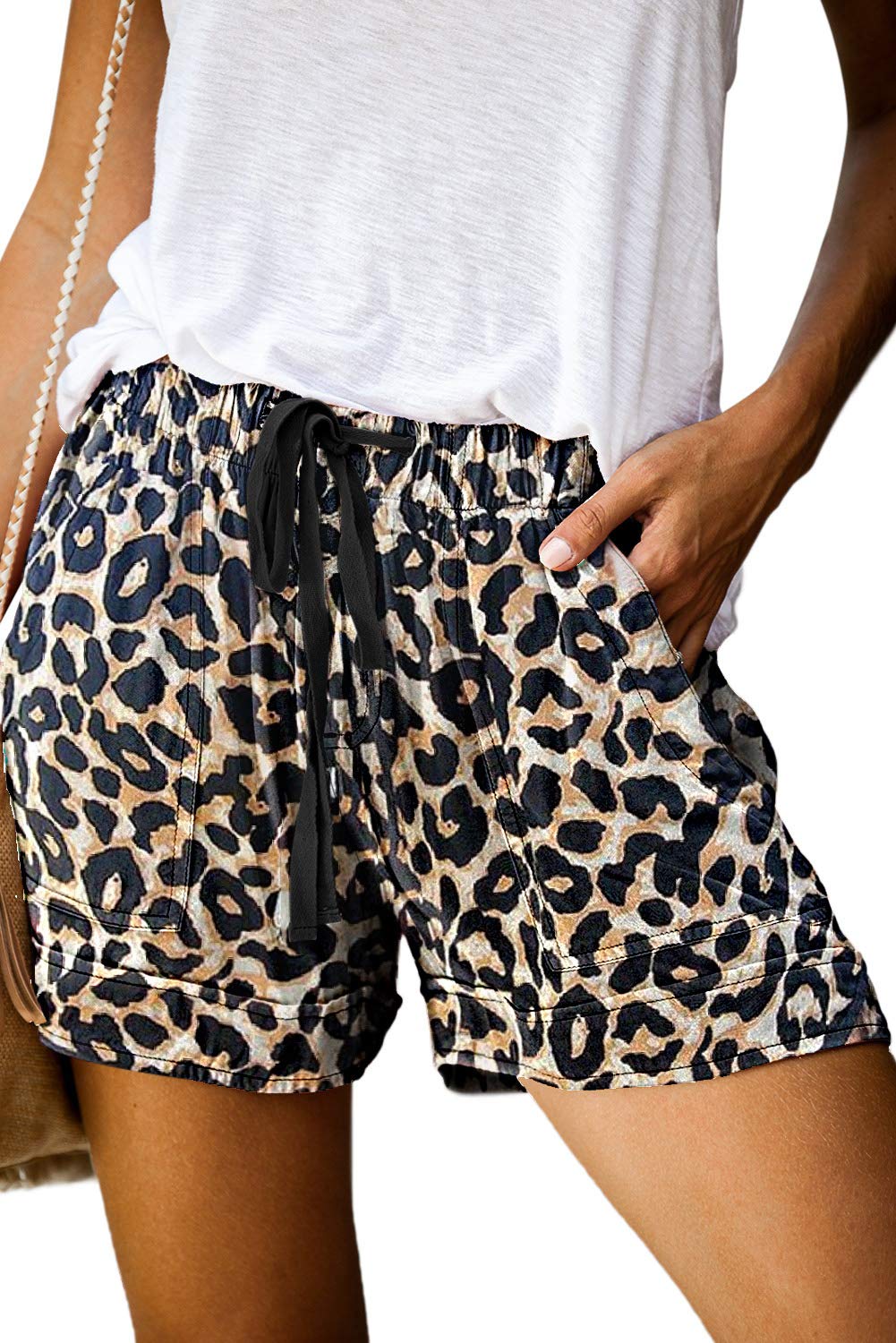 Anmarie Womens Shorts Pull On Lounge Black Short Shorts for Women Casual Summer Beach Comfy Elastic Waist Drawstring Cotton Linen Short with Pockets Leopard Print X-Large