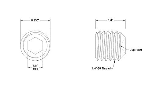 Primeonly27 1/4-28 x 1/4 Inch Hex Drive Cup Point Grade 18-8 Stainless Steel Socket Set Screw 50 Pack