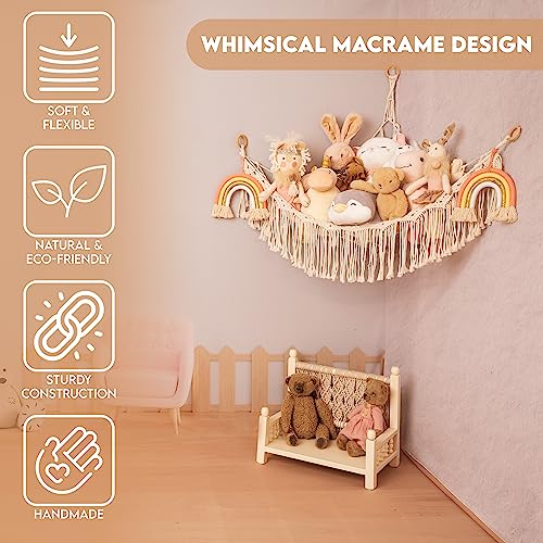Luna Village Stuffed Animal Hammock, Stuffed Animal Organizer, Plush Toys Net Holder with 2 Macrame rainbows Macrame Toy Hammock, Stuffed Animal Net or Hammock, Stuffed animal net