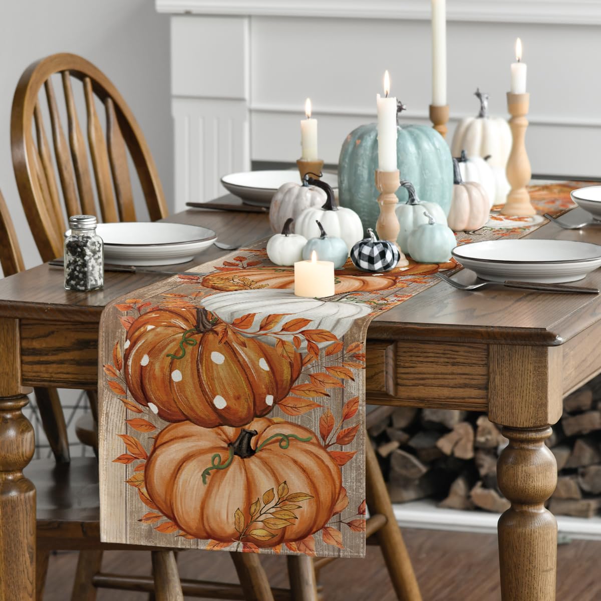 Artoid Mode Buffalo Plaid Orange Pumpkins Eucalyptus Fall Table Runner, Autumn Thanksgiving Kitchen Dining Table Decoration for Home Party Decor 13x72 Inch