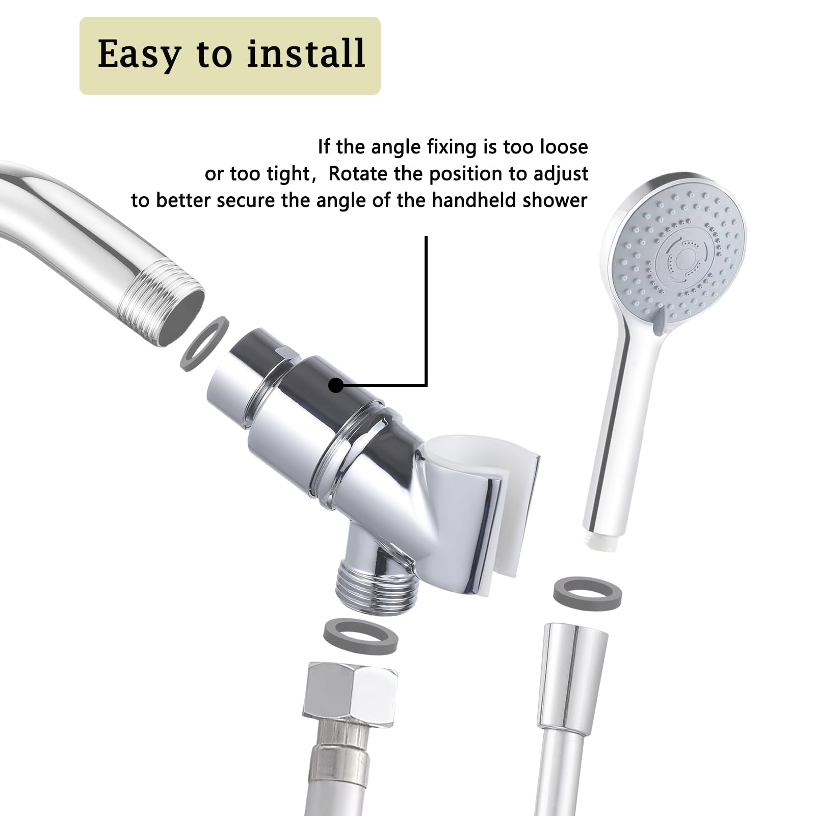 All Metal Handheld Shower Head Holder, Adjustable Shower Wand Holder with Brass Pivot Ball,Shower Arm Holder Mount for Connecting Shower Arm and Shower Hose,Chrome