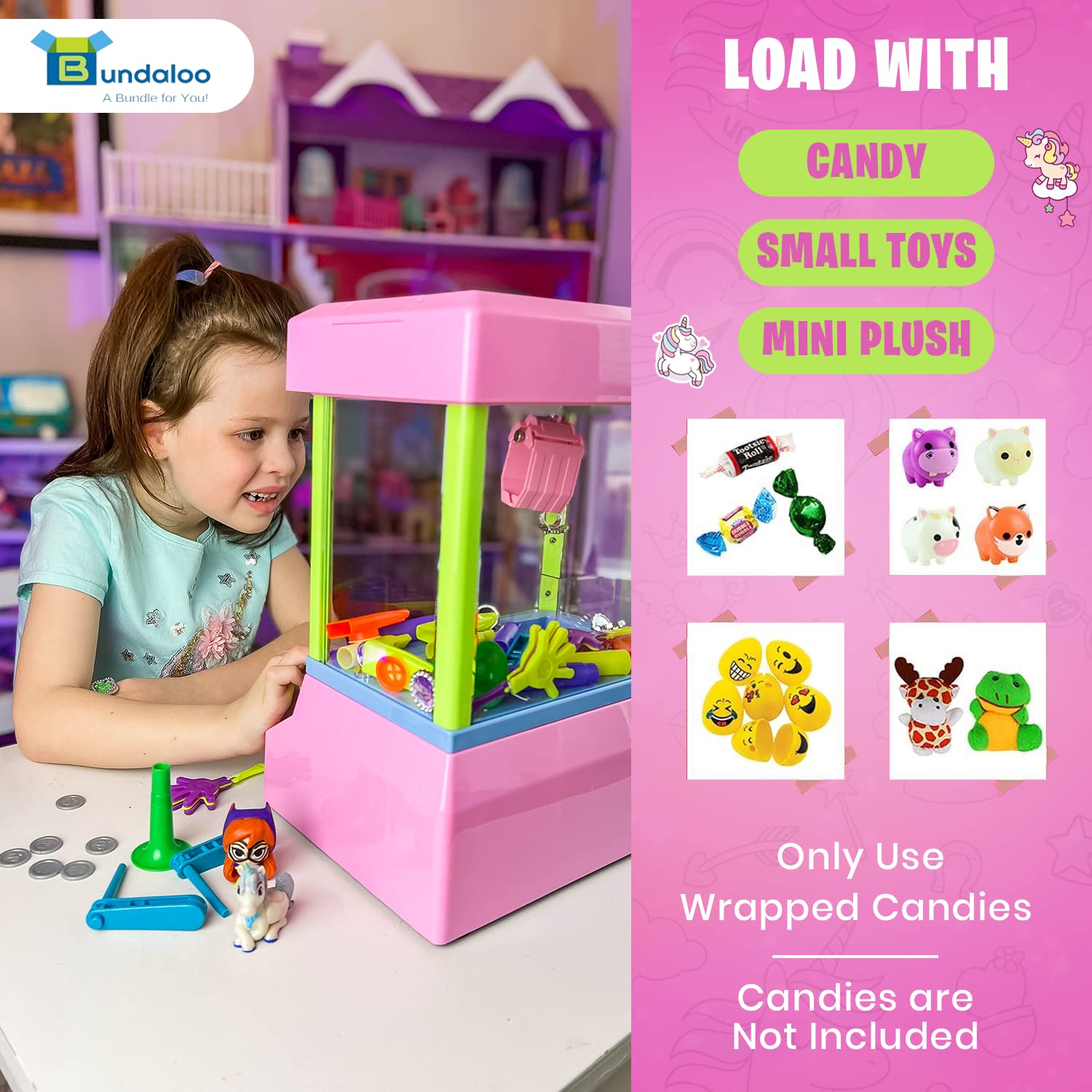 Bundaloo Claw Machine Arcade Game with Sound, Unicorn Themed Mini Candy Grabber Prize Dispenser Vending Toy for Kids, Boys & Girls
