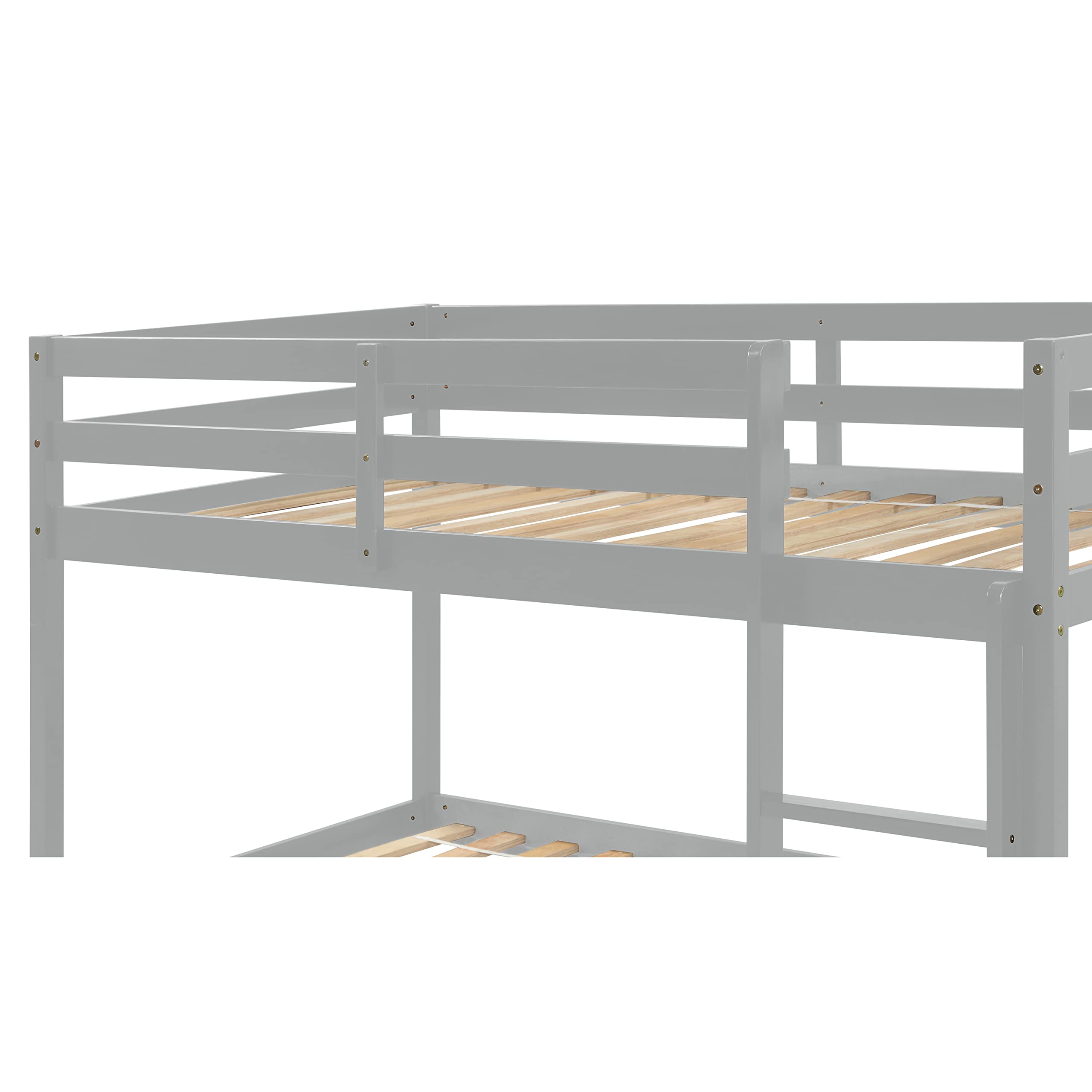 ZJIAH Solid Wood Twin Over Twin Floor Bunk Bed w Ladder, Safety Guard Rails, Wooden Twin Bunk Beds for Teens/Adults, Low Bed Frame Bedroom Furniture, No Spring Box Required