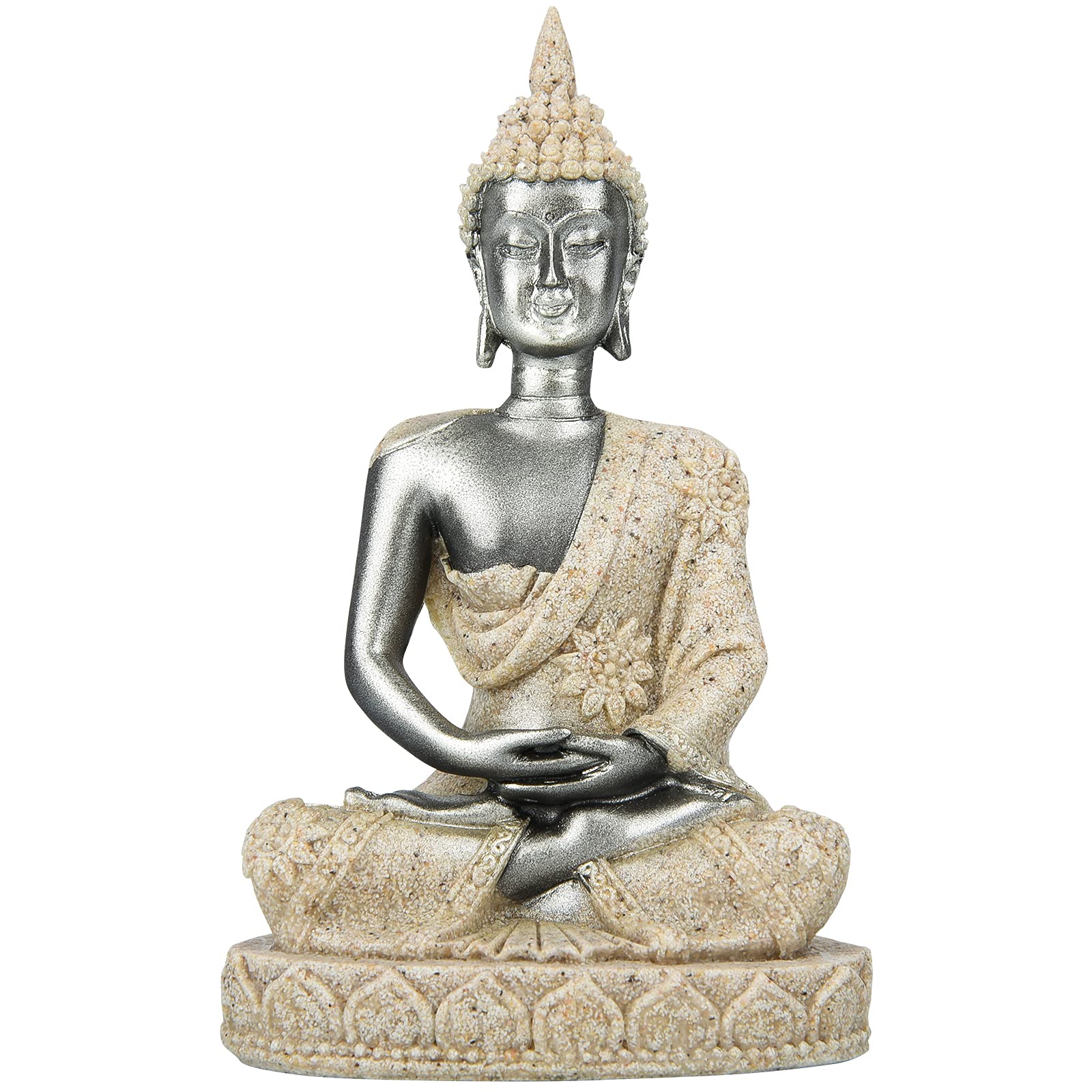 GoYonder Sandstone Buddha Statue for Home Decor, 4.3" Rustic Buddha Decor Thai Shakyamuni Figurine, Hindu Decor for Meditation Altar with Bronze Finish