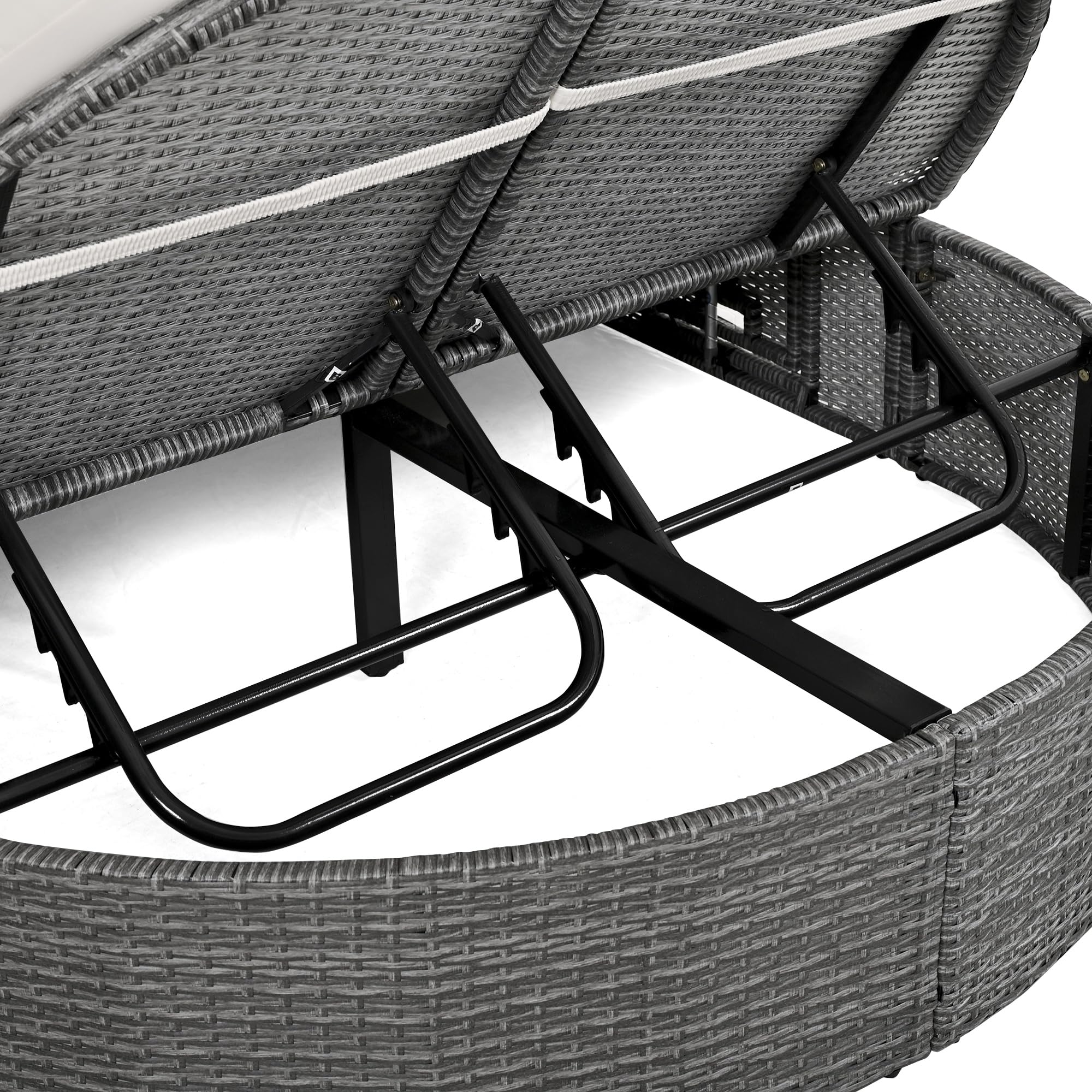 Bellemave Outdoor Sun Bed Patio 2-Person Daybed with Cushions and Pillows, Rattan Garden Reclining Chaise Lounge with Adjustable Backrests and Foldable Cup Trays for Lawn,Poolside(Beige)