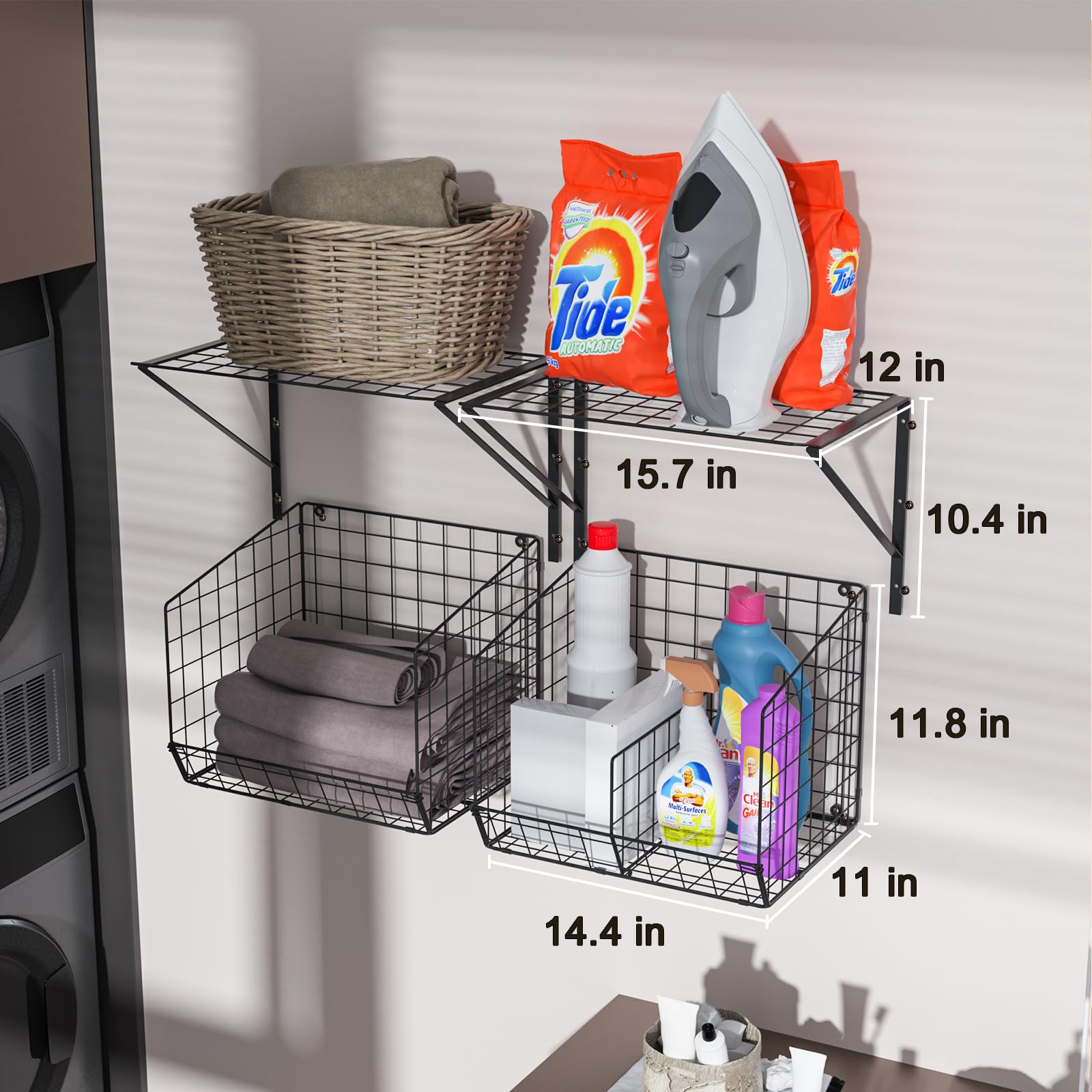 AUATRONNE 4 Pack Laundry Room Shelves Wall Mounted with Wire Baskets, Over Washer and Dryer Shelf, Laundry Room Organizer and Storage with 2 Removable Dividers -Black