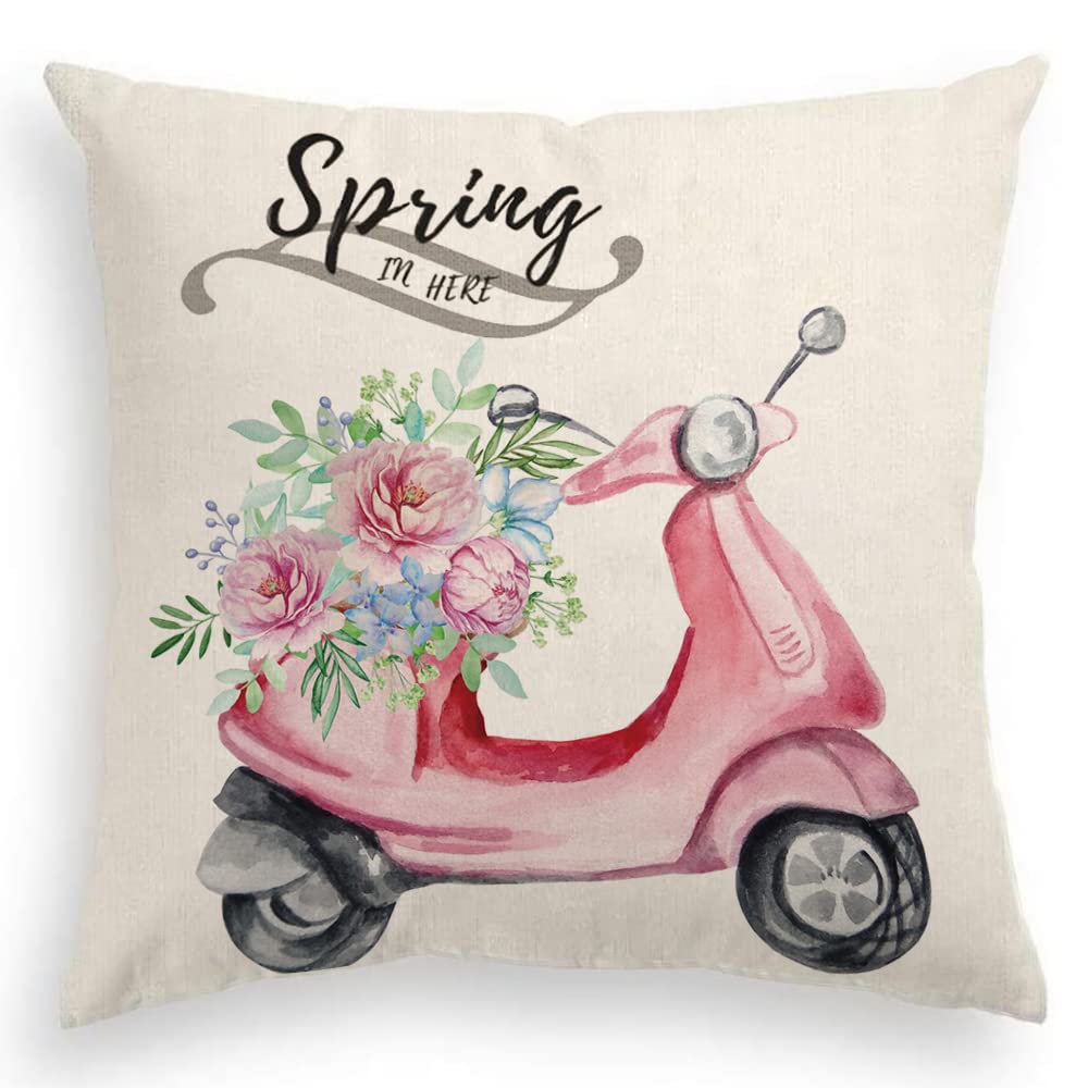 INSHERE Throw Pillow Covers Spring Decorations 18x18 Inch Set of 4,Fresh Flower Truck Garden Oil Painting Style Linen Pillowcase,Decoration for Sofa, Bedroom, Car (Spring 1)