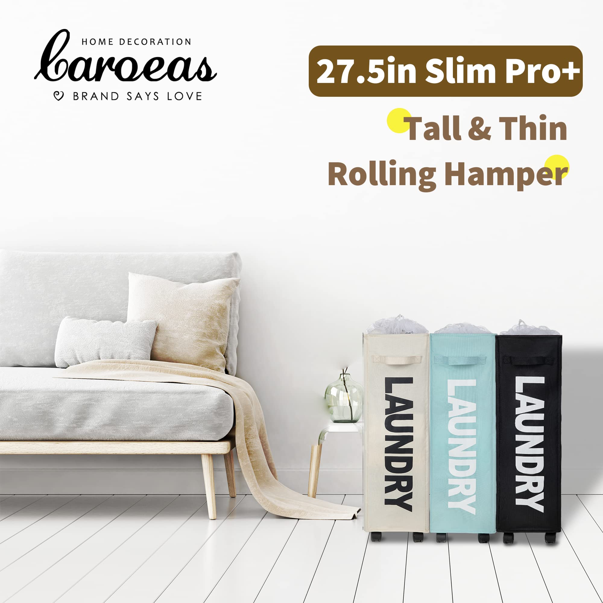 Caroeas Laundry Basket Slim Plus 27.5β,Black Laundry Basket with Wheels, Laundry Hamper with Removable Wash Bag Waterproof Clothes hamper Fabric baskets for laundry