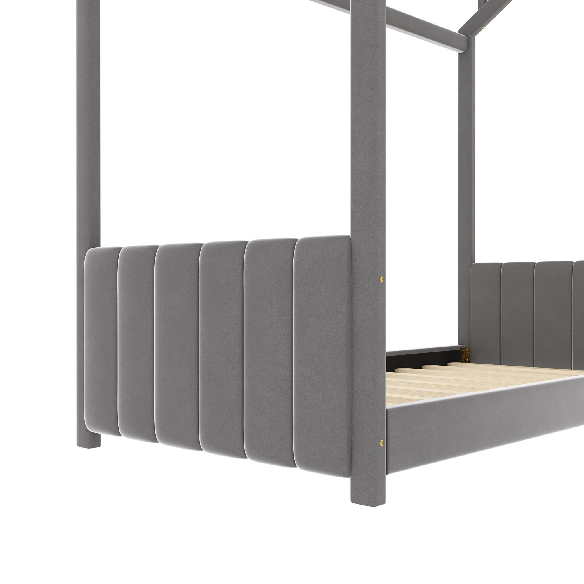 Bellemave House Beds Twin Size Velvet Montessori Bed for Kids Upholstered Floor Bed Frame with Headboard & Footboard for Girls Boys Teens, Gray