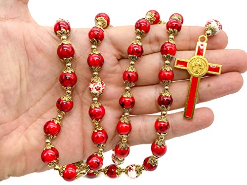 Nazareth Store Saint Benedict Red Rosary Beads Catholic Necklace Flowers Mystery Bead Miraculous Medal Locket Cross Prayer Rosarios Catolicos