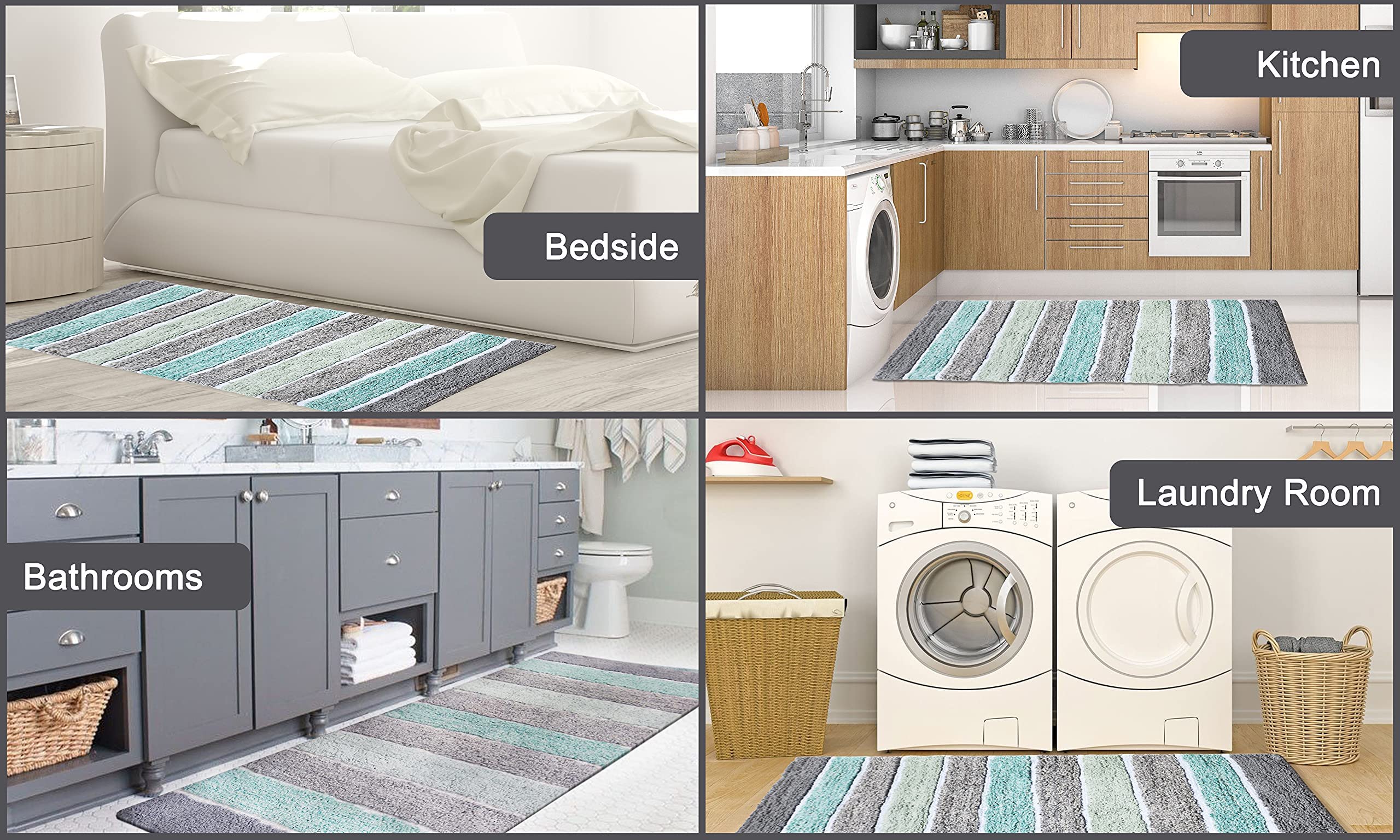 Chardin home Cordural Stripe Bath Rug Runner with Skid Resistant Latex Spray Underneath. Mint Green/Grey, 24" W x 60'' L